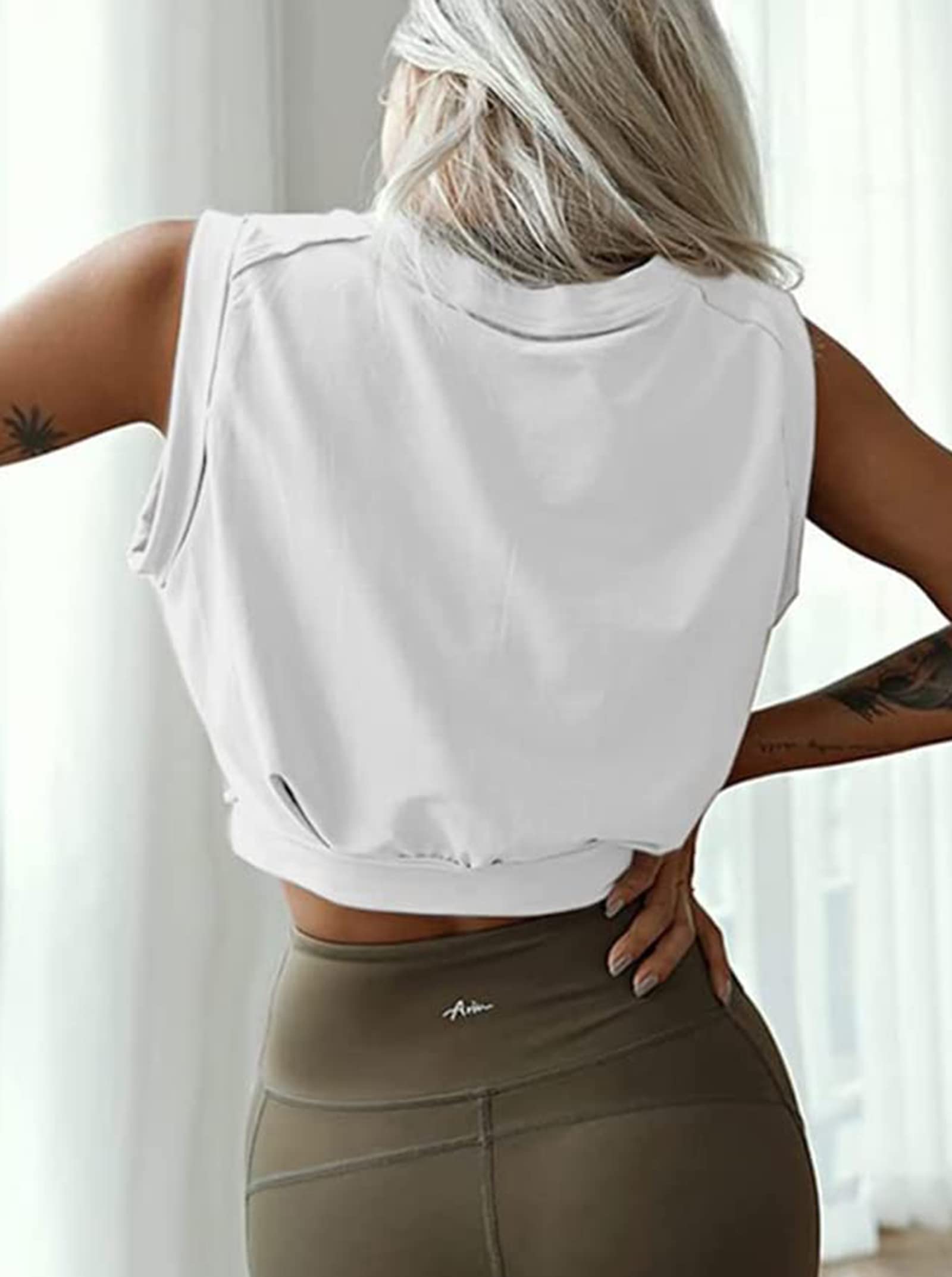 Remidoo Women's Sleeveless Crop Top Loose Crew Neck Tank Top Workout Shirts White XX-Large
