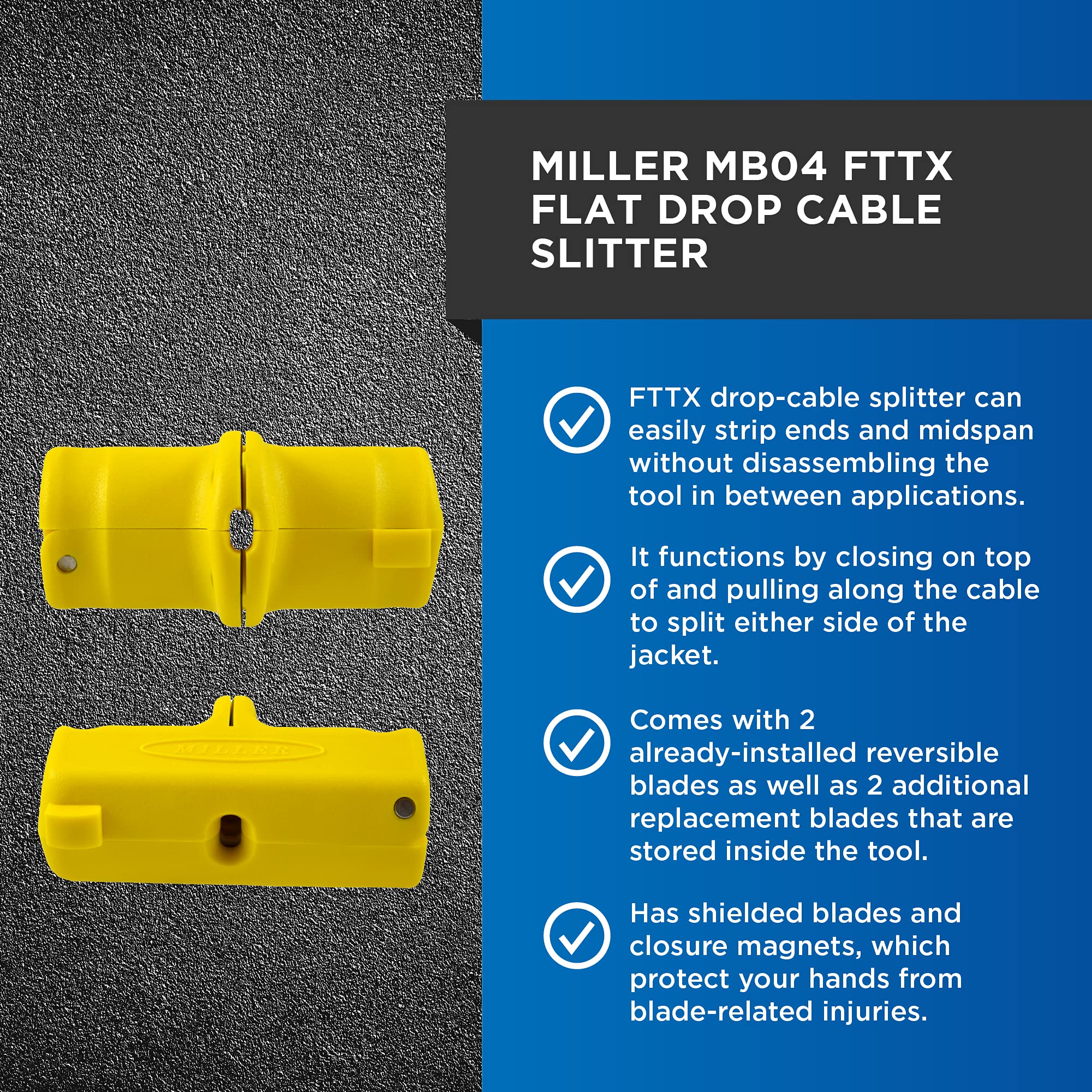 Miller MB04 FTTX Flat Drop-Cable Slitter with Articulating Hinge, Easily Portable Tool for Professional Technicians, Electricians, and Installers, 3.88 Ounces