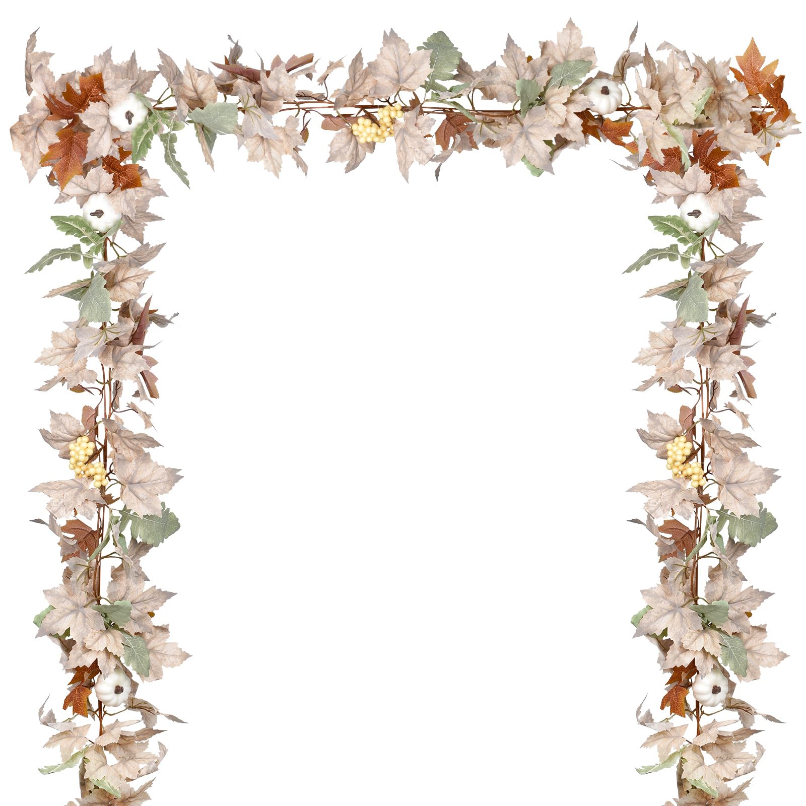 Lvydec Fall Maple Leaves Garland Decoration - 5.8ft Artificial Fall Foliage Garland with White Pumpkins Autumn Decor for Halloween Thanksgiving Home Table Decor (White)