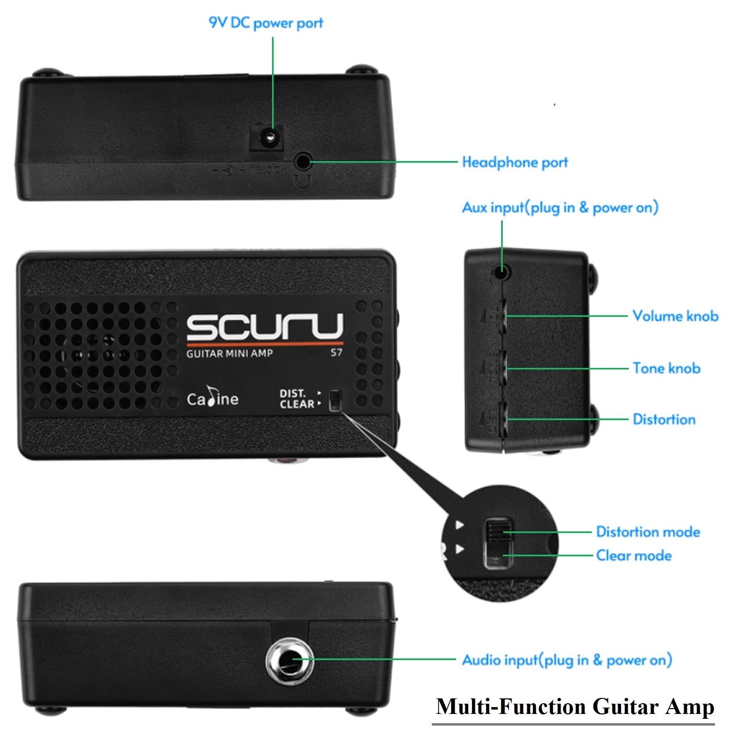 Portable Electric Guitar Mini Amp 3 Watt Built in Clear Distortion Channel with 9V Power Adapter - S7 Pocket Mini Guitar Amp Mini Speaker Guitar Practice Amplifier with Headphone Jack Output AUX Input
