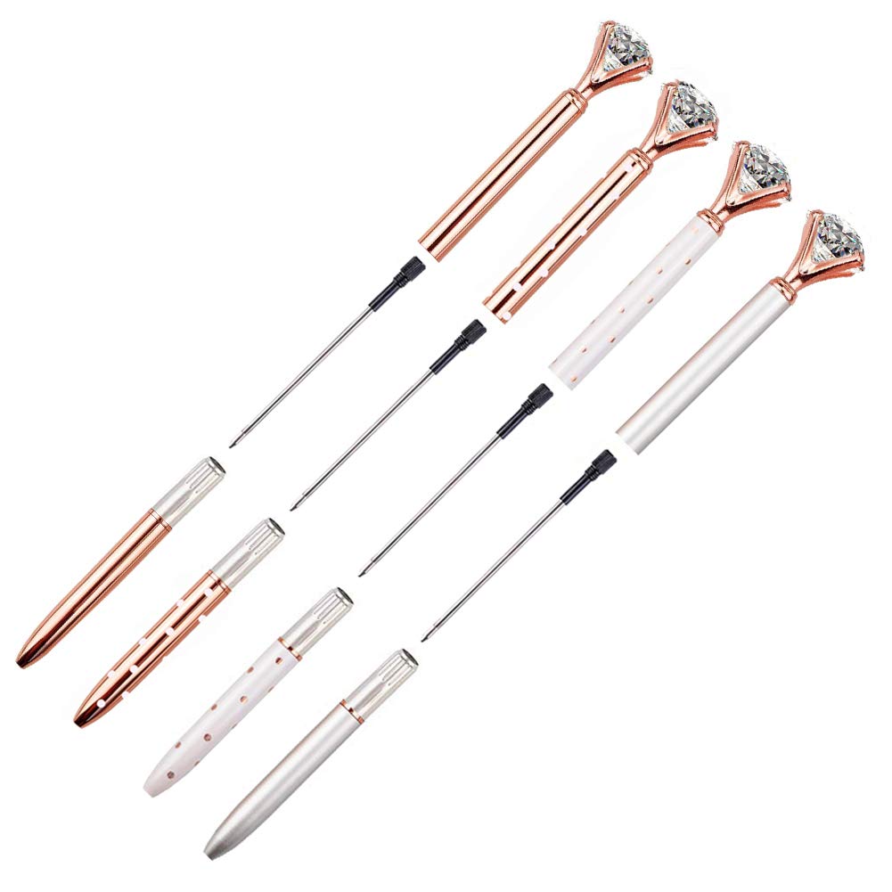LONGKEY 6PCS Diamond Pens Large Crystal Diamond Ballpoint Pen Bling Metal Ballpoint Pen Office and School, Silver / White Rose Polka Dot / Rose Gold, Including 6Pen Refills.
