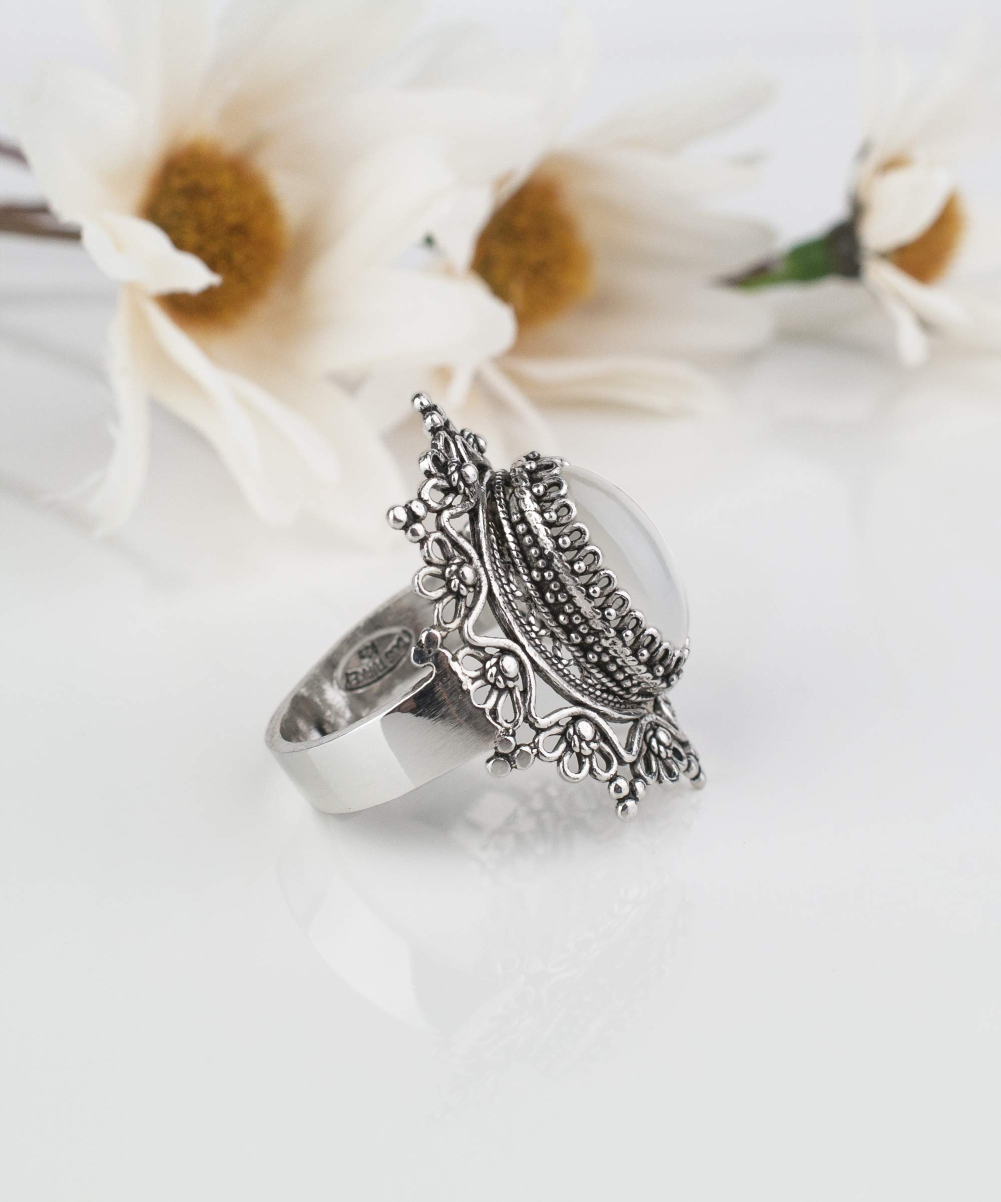 Ottoman Silver Collection 925k Sterling Silver Handmade Artisan Crafted Floral Pattern Filigree Ring with Moonstone Gemstone Unique Design for You, Mom and Your Beloved (10)