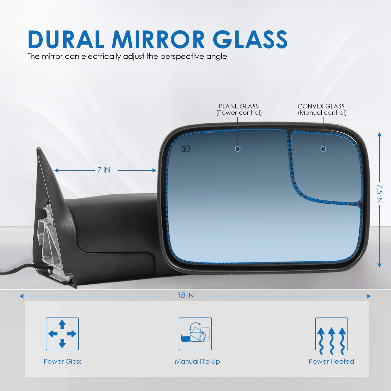 MOSTPLUS Power Heated Towing Mirror Compatible for 1998 1999 2000 2001 2002 Dodge Ram 1500 2500 3500 with Manul Telescoping (Set of 2)