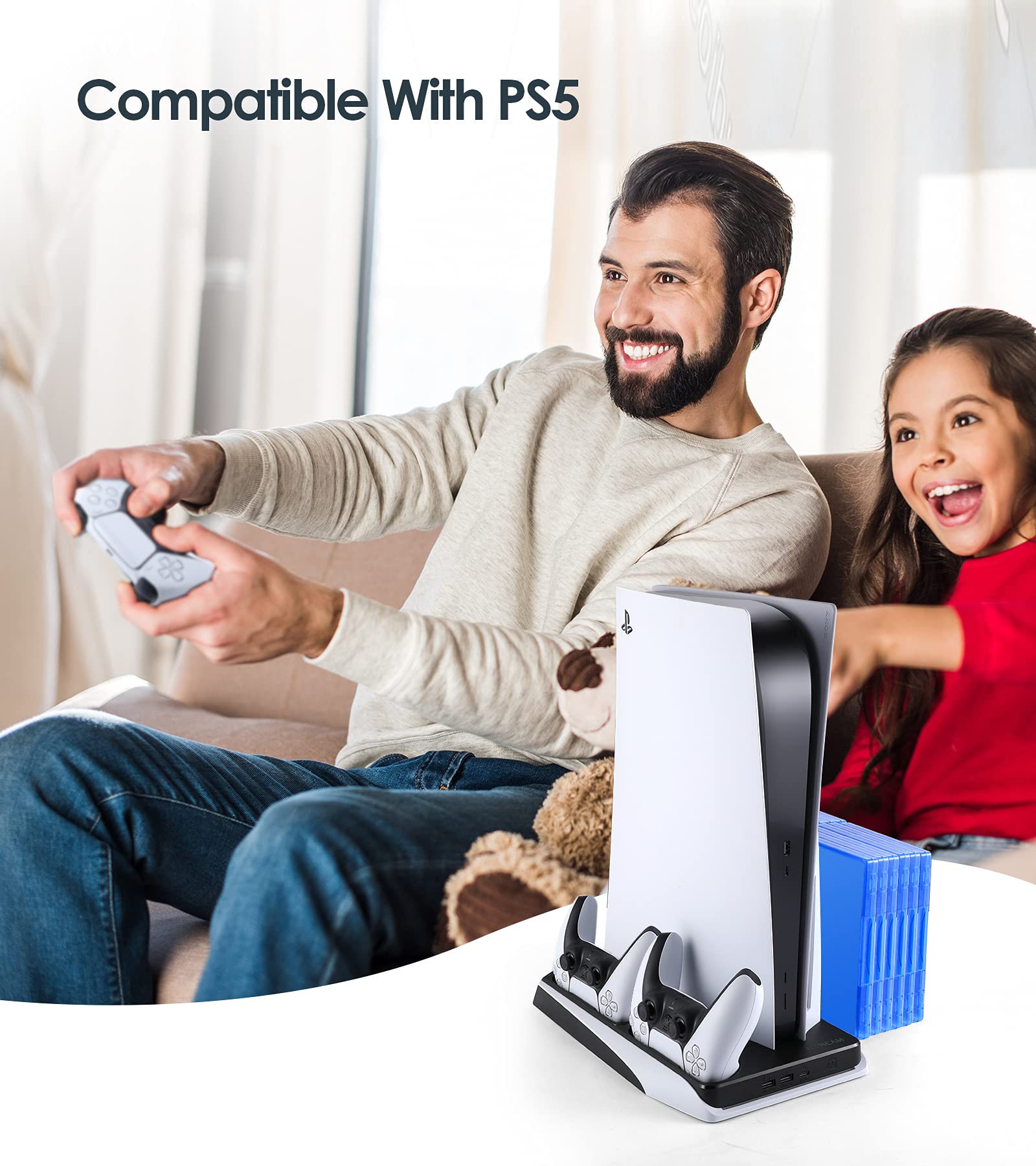 PS5 Stand, CreeZeeStop Vertical Stand with Cooler Fans for PS5 Disc & Digital Editions, with Dual Controller Charger and 12 Games Slots, USB C and 2 USB Ports (USB C Cable Included)