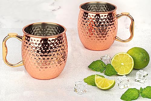 Moscow Mule Copper Mugs - Hammered Cups - Stainless Steel Lining - Pure Copper Plating, 100% Solid Handcrafted - Copper Cups - 19 Ounce Food Safe Hammered Mug For Mules