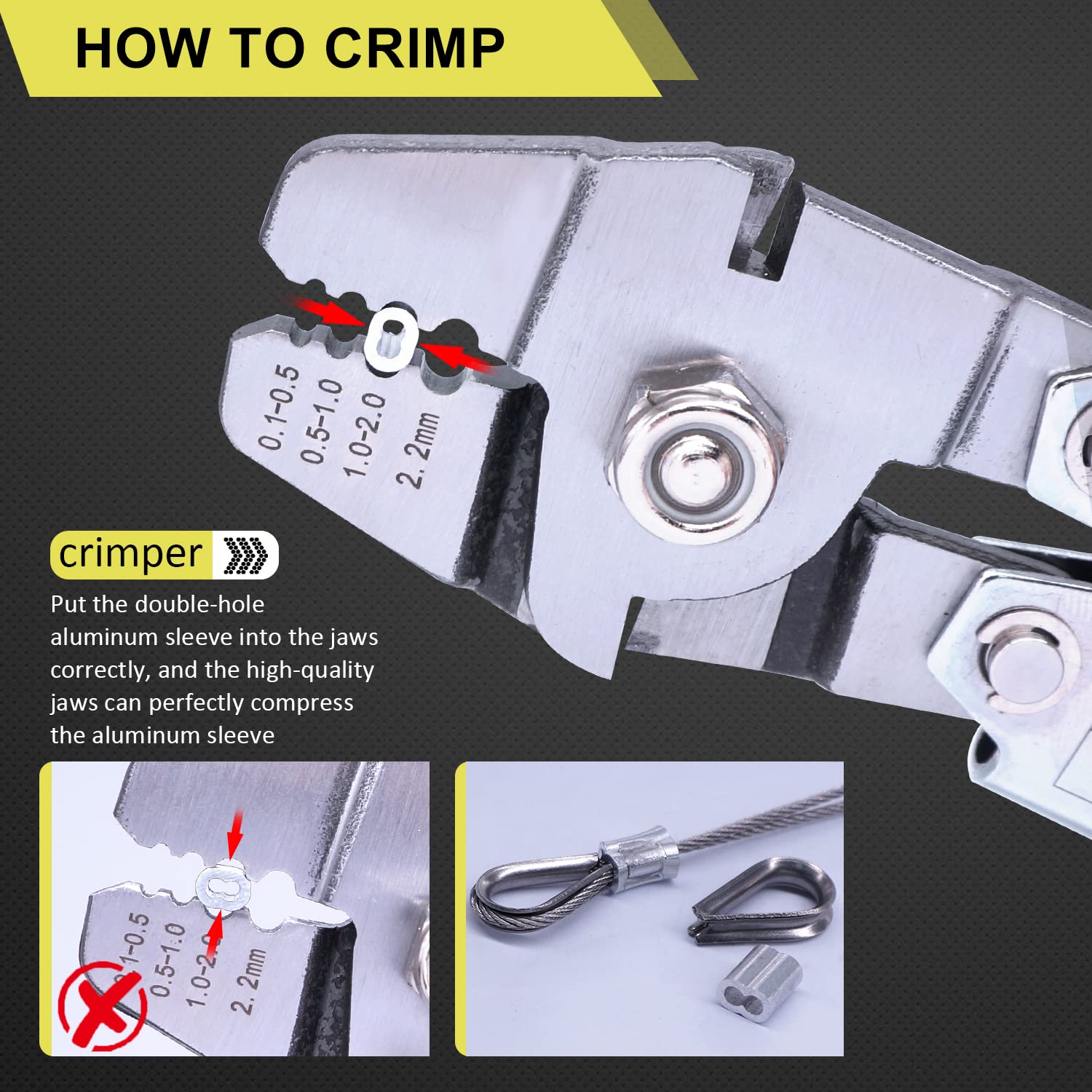 Twidec/Wire Rope Crimping Tool Up To 2.2mm Swaging Tool With 160PCS 1/16''Aluminum Crimping Loop Sleeve And 66FT 1/16'' 304 stainless steel Wire Rope 12PCS Wire Rope Thimbles Kit N-022-4K
