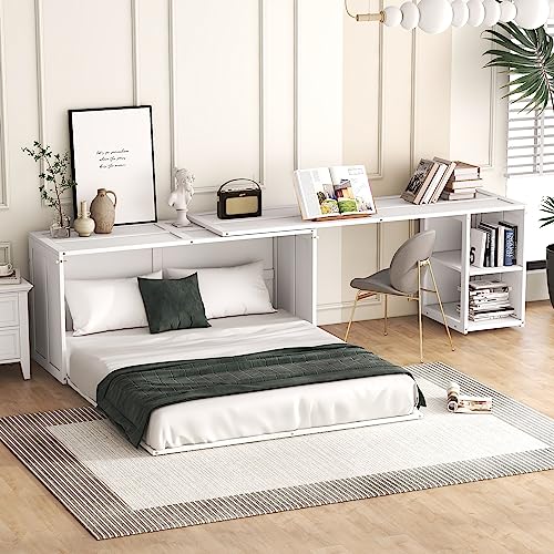 Merax Murphy Bed Queen Size, Murphy Cabinet Bed with Rotatable Desk and Shelves, White