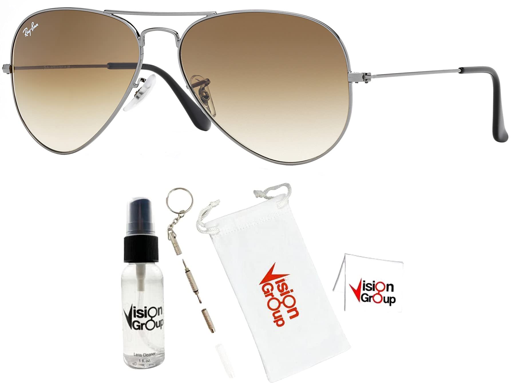 Ray-Ban RB3025 Metal Aviator Sunglasses + Vision Group Accessories Bundle (Gunmetal/Clear Gradient Brown (004/51), 62, Millimeters)