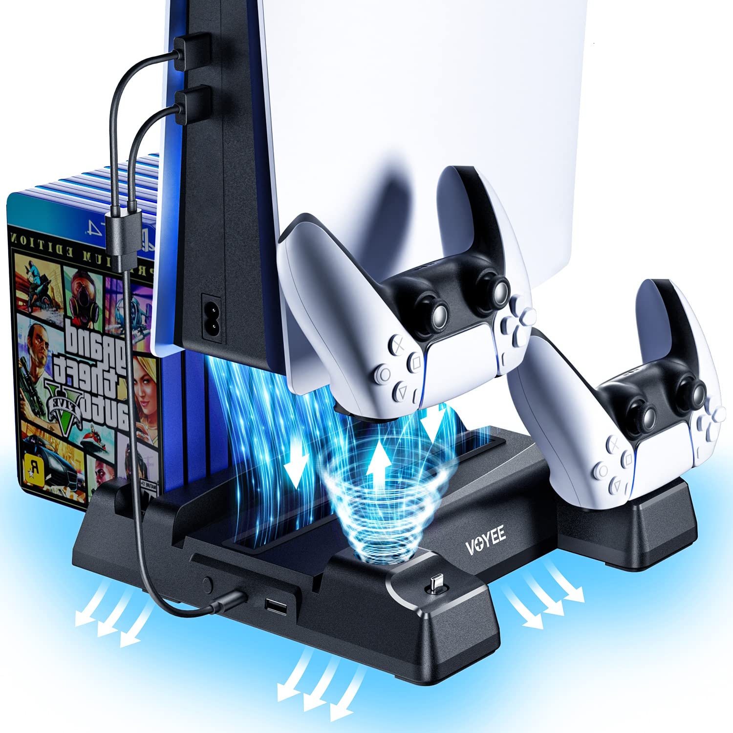 PS5 Stand, VOYEE PS5 Accessories System with Suction Cooling Fan, Dual Controller Charger Station, 11 Games Storage Compatible with Playstation 5 PS5 Console - Black