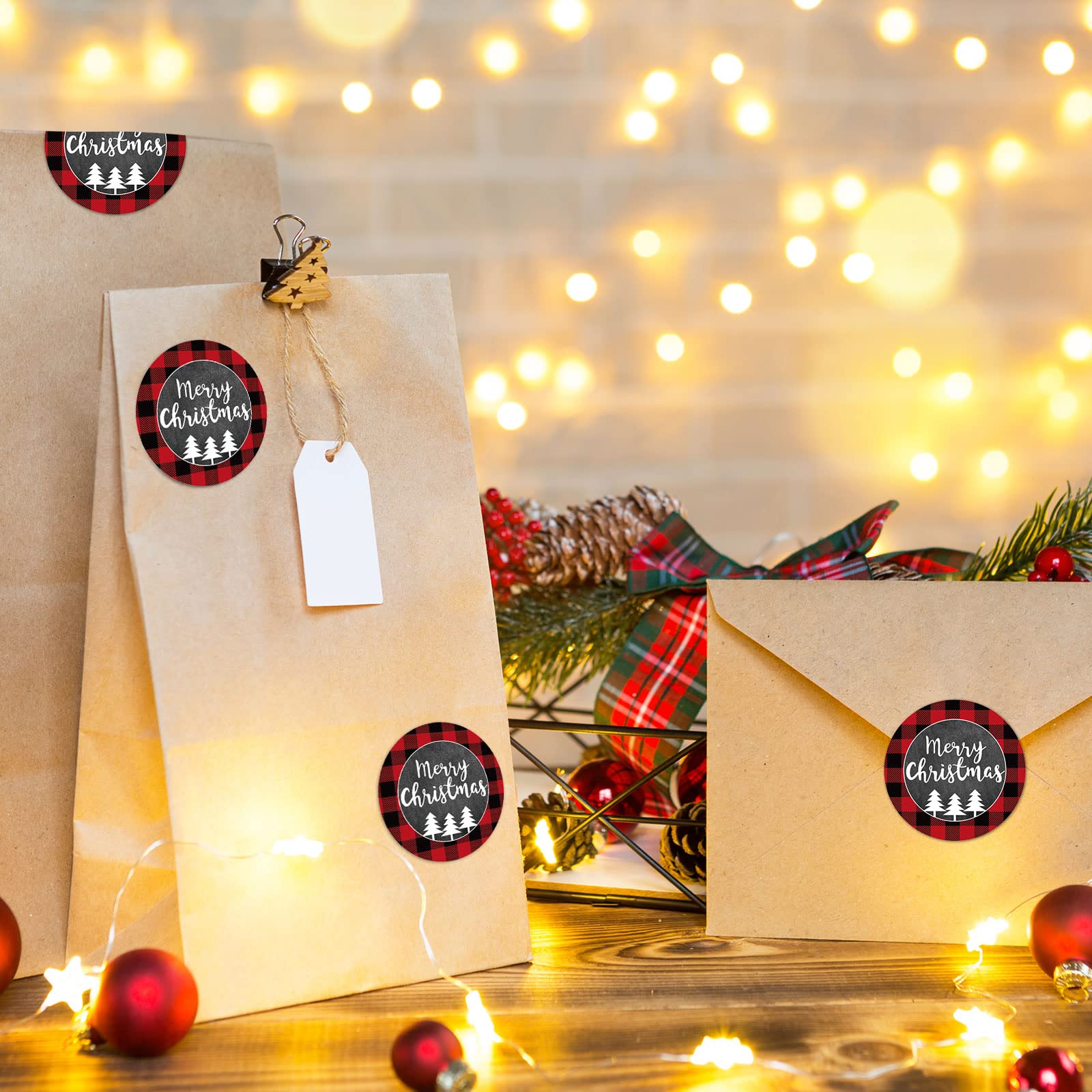 Whaline 1000Pcs Merry Christmas Stickers 1.5Inch Red Black Buffalo Plaid Border Round Stickers in Roll Christmas Tree White Printed Label Stickers for Xmas Seals Cards Presents Envelopes Decoration