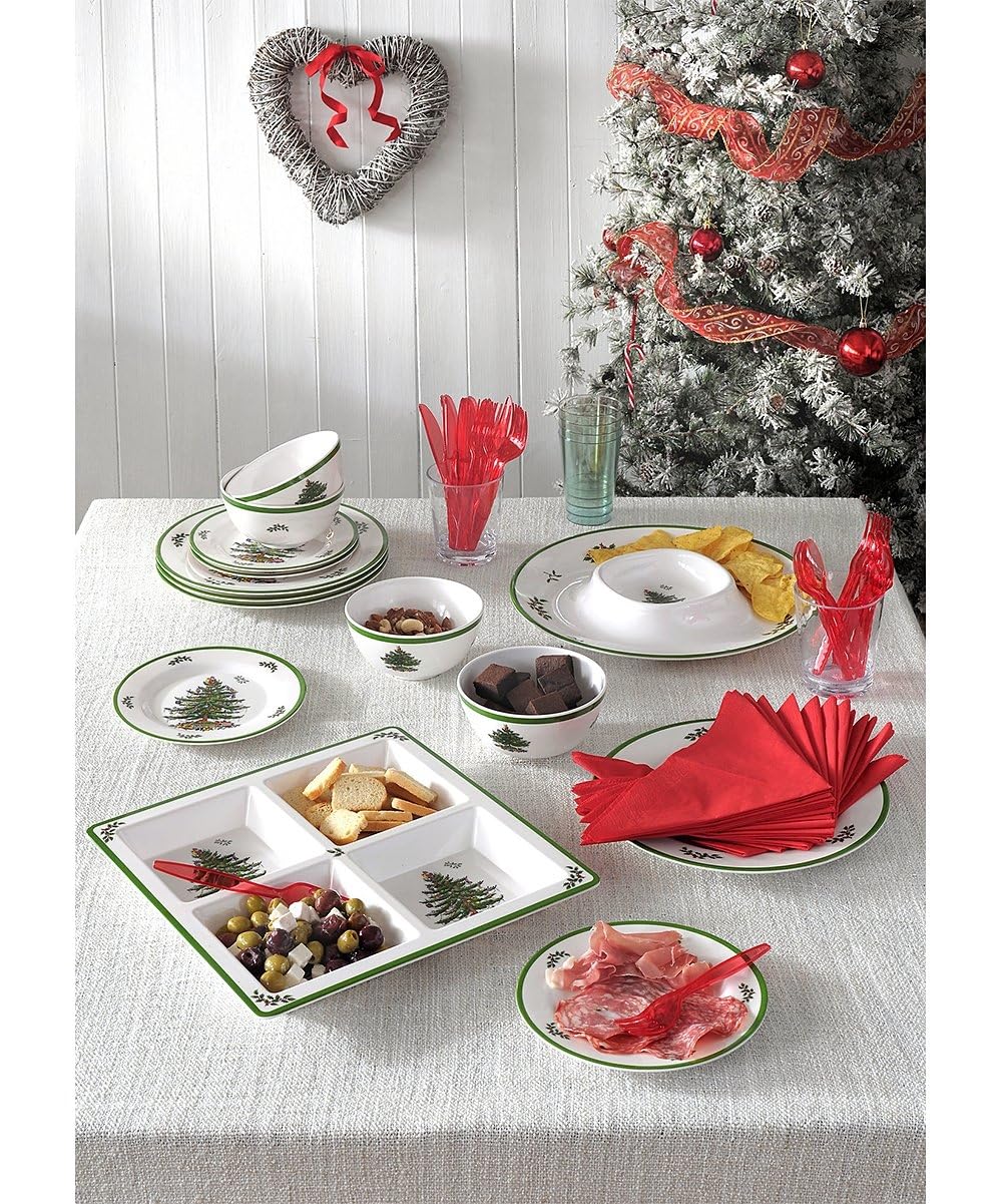 Spode Christmas Tree Melamine 4 Section Tray | 13.5 Inch Divided Serving Tray for Nuts, Candy and Condiments | Made of Melamine for Indoor and Outdoor Serving | Dishwasher Safe