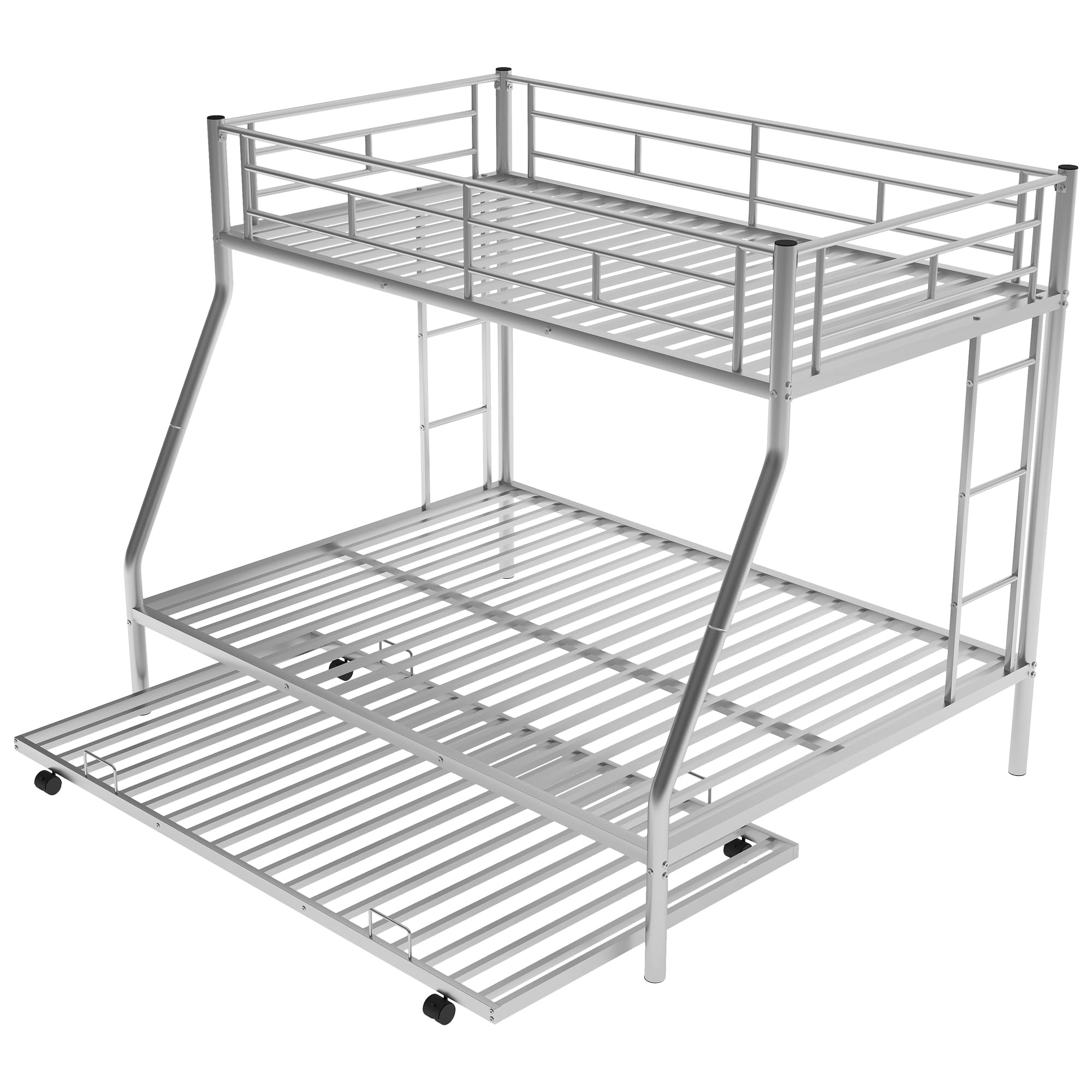 Merax Twin Over Full Bunk Bed with Trundle, 3 in 1 Triple Bunk Beds, Sturdy Steel Bunk Beds Frame for 3 Kids/Teens with Two Side Ladders and Safety Guard Rail,Silver Color