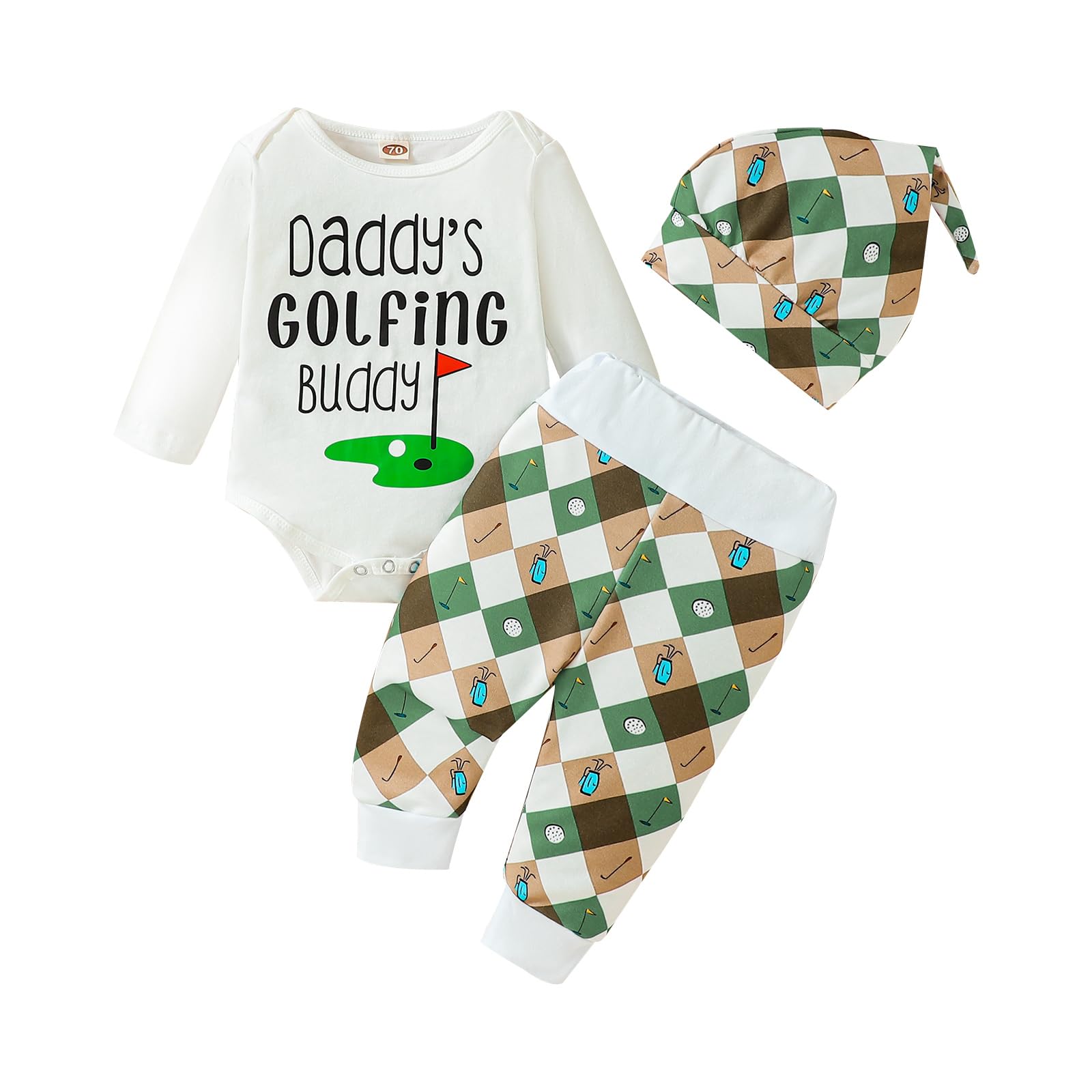 LXXIASHI Daddy 's Golfing Buddy Onesie Romper Toddler Baby Golf Outfit Long Sleeve Sweatshirt Pants Hat Set 3Pcs Fall Clothes (White, 0-6 Months)