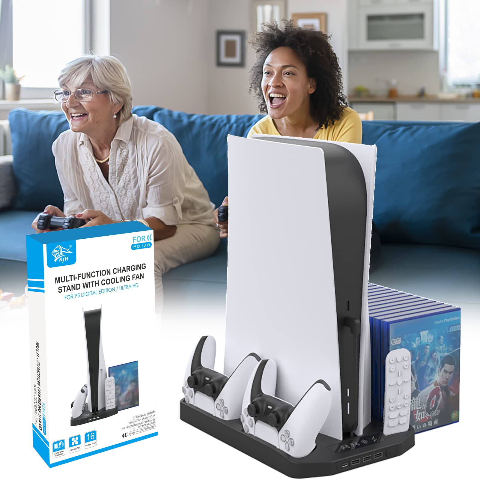 PS5 Vertical Stand Cooling Fan Charging Station with 3 USB HUB for Playstation 5 Controller Indicator Lamps Console Station and Dual PS5 Joystick Charging Dock Accessories 16 Game Storage
