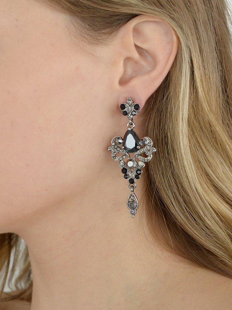 Mariell Vintage Black and Grey Crystal & CZ Chandelier Dangle Earrings for Fashion, Prom, Bridesmaids