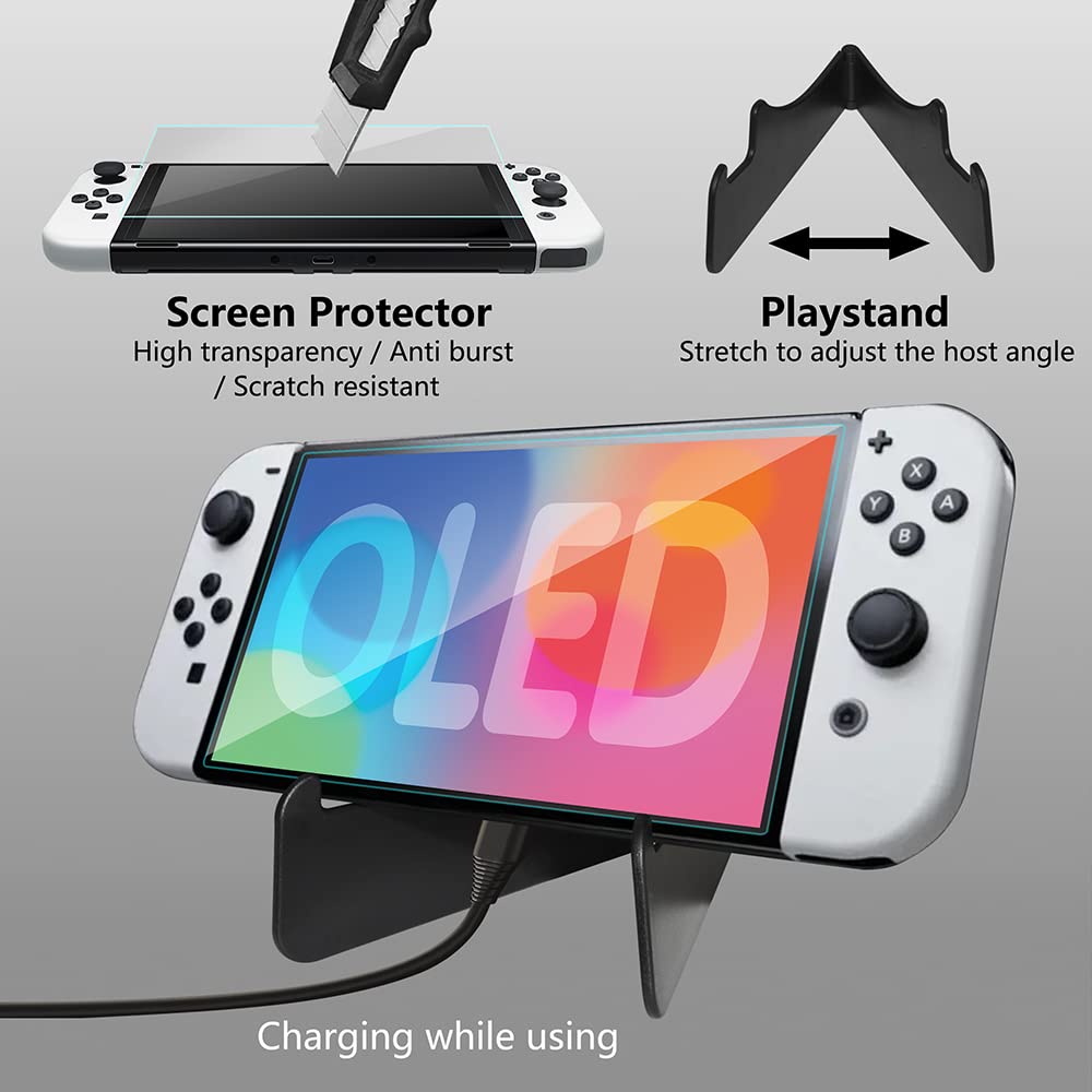 omarando TPU Case Cover Accessories Kit for Nintendo Switch (OLED Model),Shoulder Bag for Switch,with Tempered Glass Screen Protector,Thumb Grip Caps .Mini Travel playstand (Black)