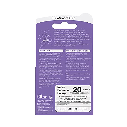 WeatherX Headache Preventionā Pressure Filtering Earplug for Shifts in Barometric Weather Pressure, Download Free Alert app (Regular 1 PK)
