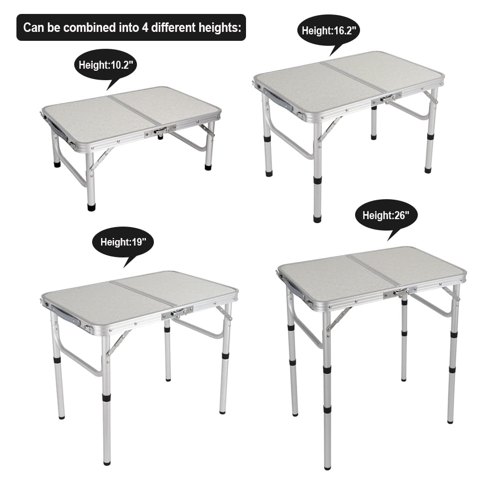 Small Folding Aluminum Table Portable 2 Feet, Foldable Outdoor Lightweight Camping Table Adjustable Height for Camp Picnic Cooking Beach (2ft (3 Heights))