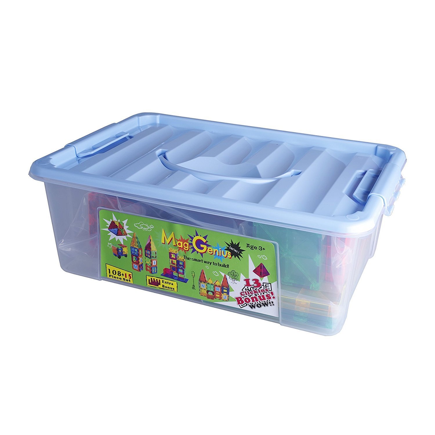 Mag Genius Magnet Tiles - Clear Magnetic 3D Building Blocks - Educational Toys, Games, Activities, Puzzles - Creativity, Motor Skills, Learning Shapes - Storage Bin, 2 Car Base, 120pcs, 13 Click-Ins