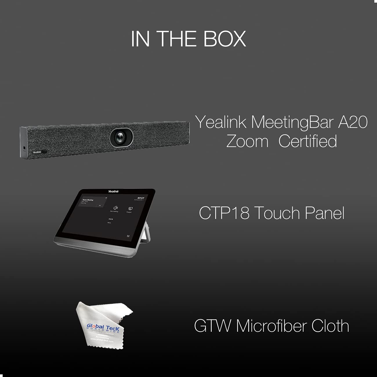 Yealink A20-020-ZOOM Certified MeetingBar Conference System with CTP18 Touch Console, Connects to Deskphone, PC/Mac, Softphones - Works with Teams, Zoom, Skype, Microfiber Included - by GTW