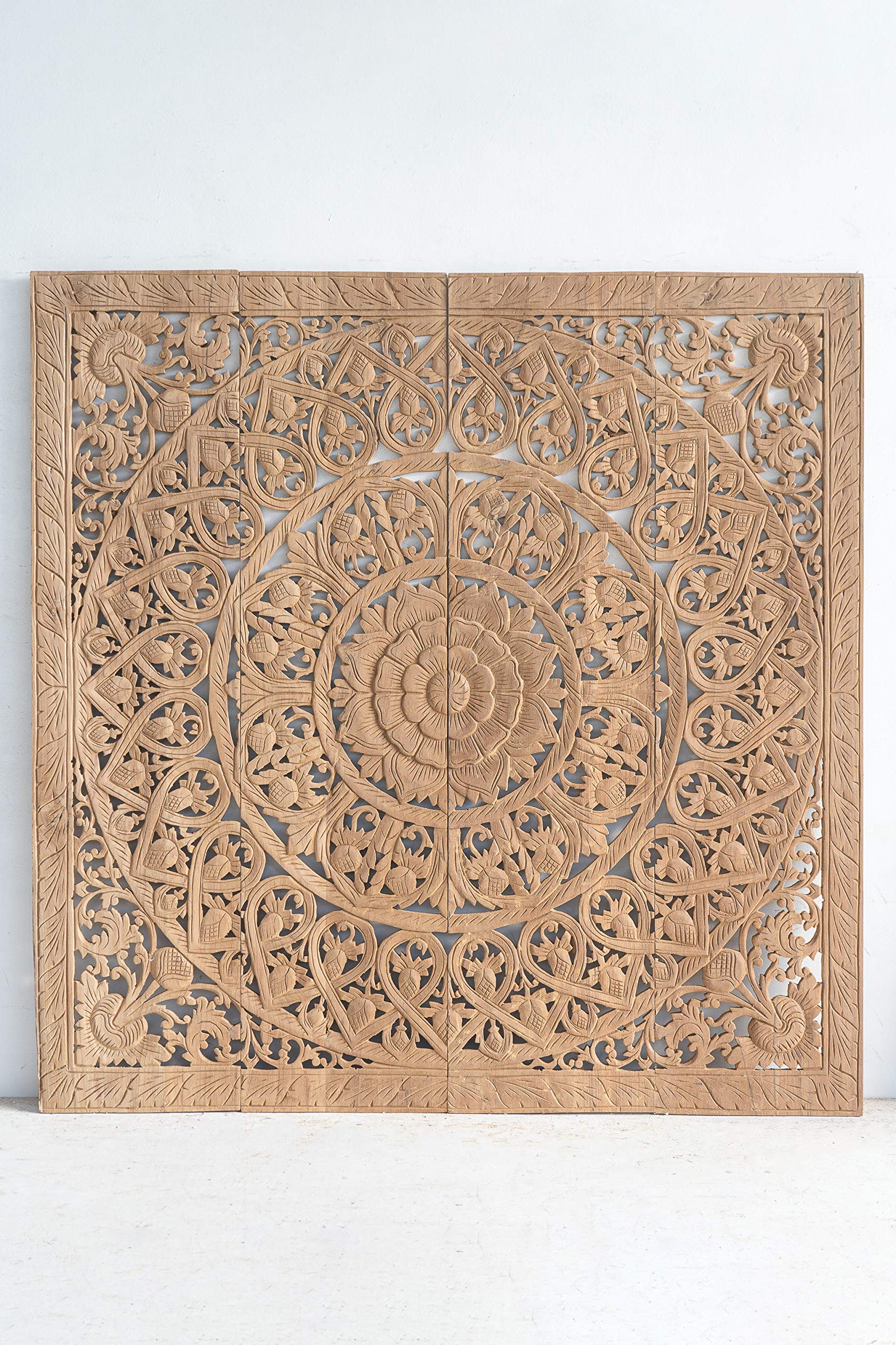 Wall Geometric Art Carved Wood, Handcrafted Wooden Contemporary Plaque on Wall, Natural Teak Finish, 48 inches