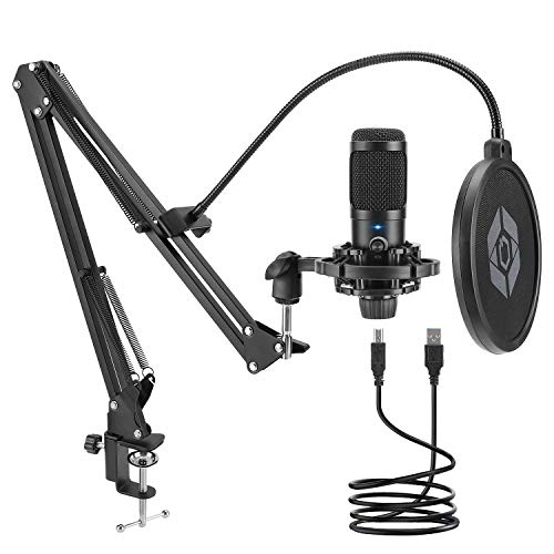 Studio Condenser USB Microphone Computer PC Microphone Kit with Adjustable Scissor Arm Stand and Mic Gain Knob Shock Mount for Instruments Voice Overs,Streaming Broadcast and YouTube Videos (Black)