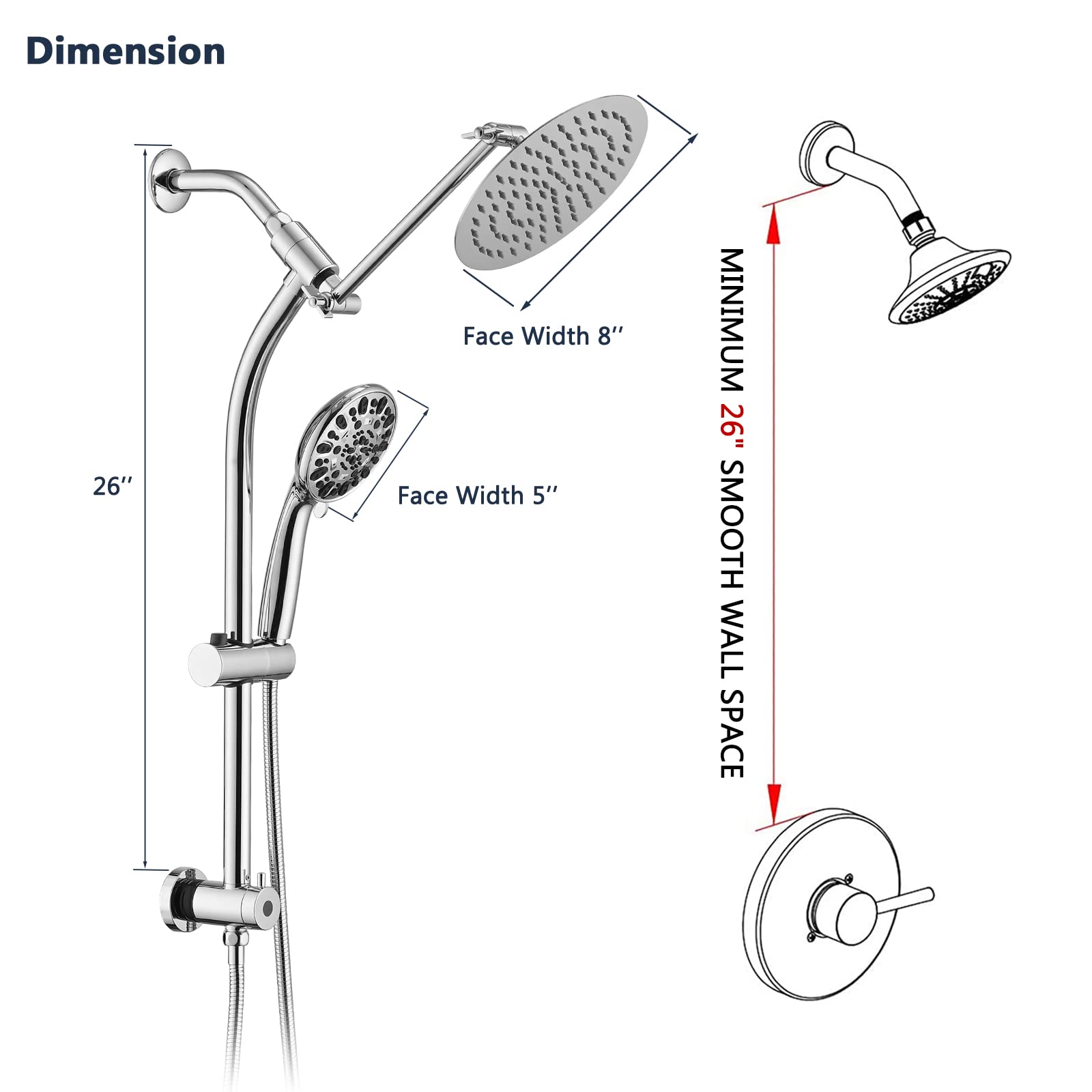 UCLIMAA Rainfall 8 Inch Round Shower Head with High Pressure Handheld Spray Combo, Drill-Free Slide Bar with Adjustable Shower Extension Arm, 3-Way Low Diverter for Easy Reach, 5Ft Hose- Chrome