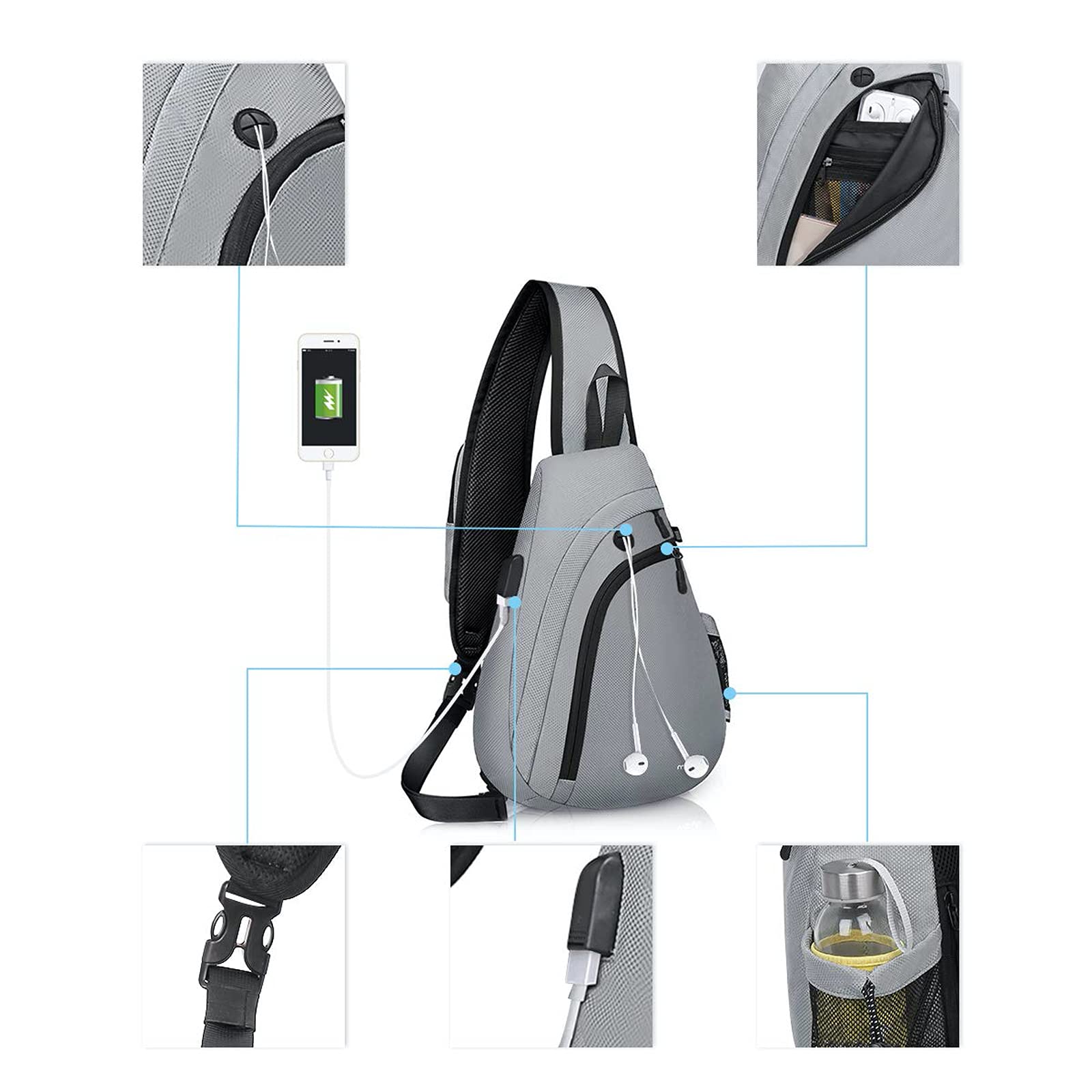 MOSISO Lightweight Hiking Daypack with USB Charging Port Outdoor Sling Backpack, Gray