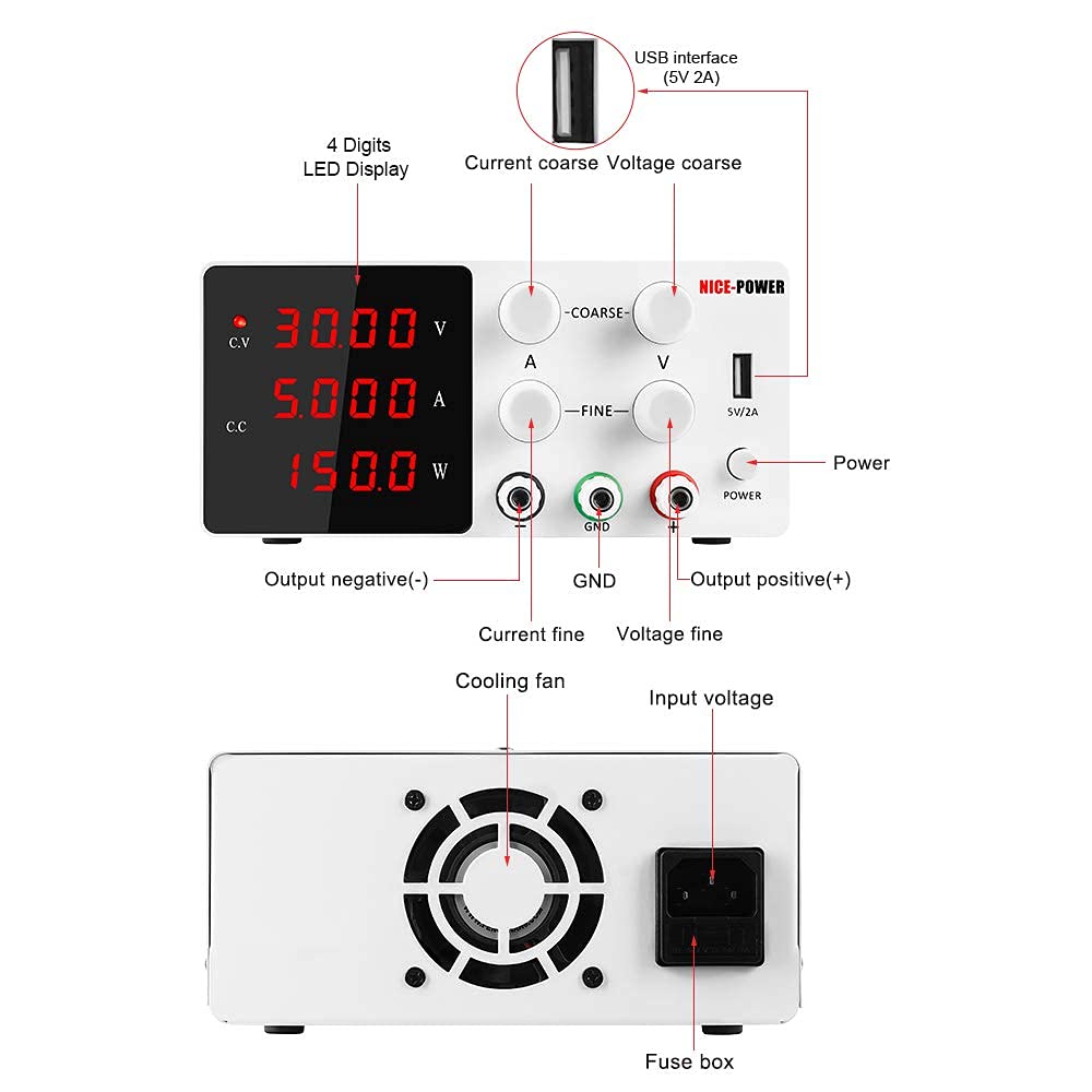 NICE-POWER Adjustable DC Power Supply (0-30V, 0-5A) Variable Switching Regulated High Precision 4-Digits LED Display 5V/2A USB Port Test Lead Output & Input Power Cord Bench Lab Power Supplies