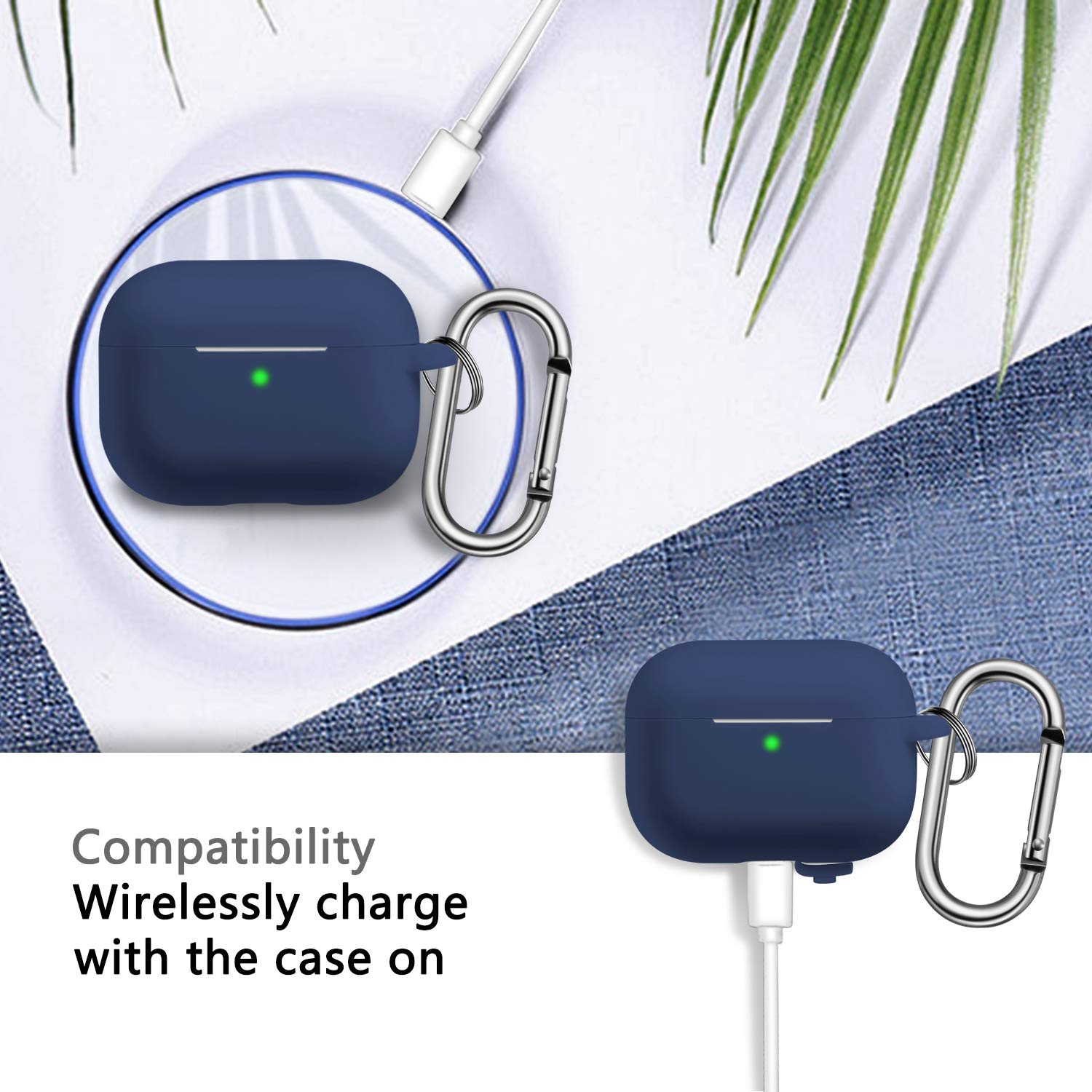 R-fun AirPods Pro Case Cover with Keychain, Full Protective Silicone AirPods Skin Cover for Women Men with Apple 2019 Latest AirPods Pro Case, Front LED Visible-Midnight Blue