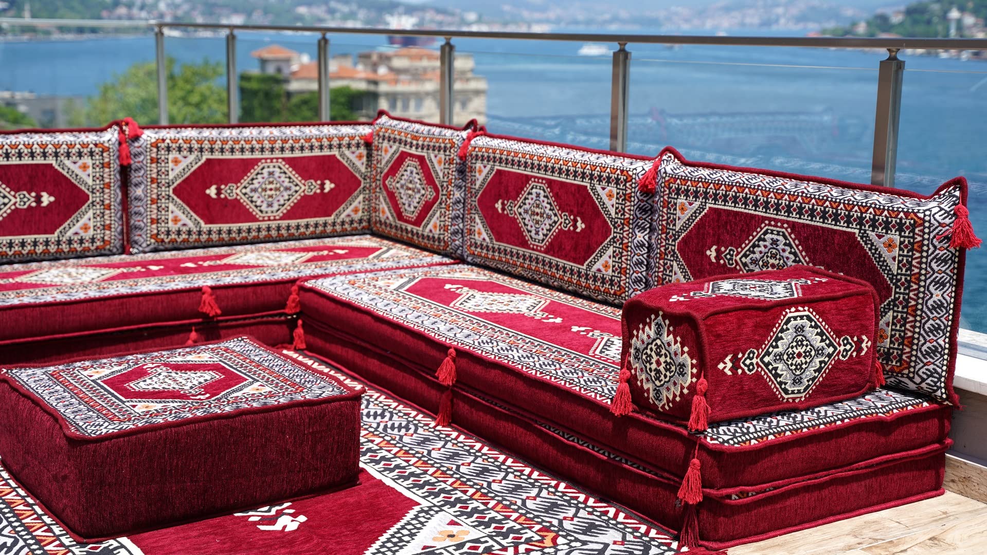 Maroon L Shaped Sectional Sofas, Arabic Sofa Set, Terrace Pallet Sofa, Floor Cushions, Arabic Majlis, Pouffs, Turkish Floor Seating Set (L Sofa + Rug + Ottoman, 8'' Thickness (20 cm))