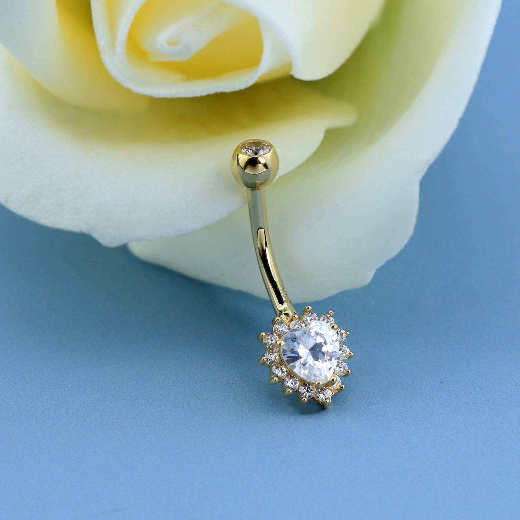 OUFER 14K Solid Gold Heart Belly Button Piercing Small Sun Flower Navel Button Ring Clear 5A Cubic Zirconia Design Belly Rings Piercing Jewelry
