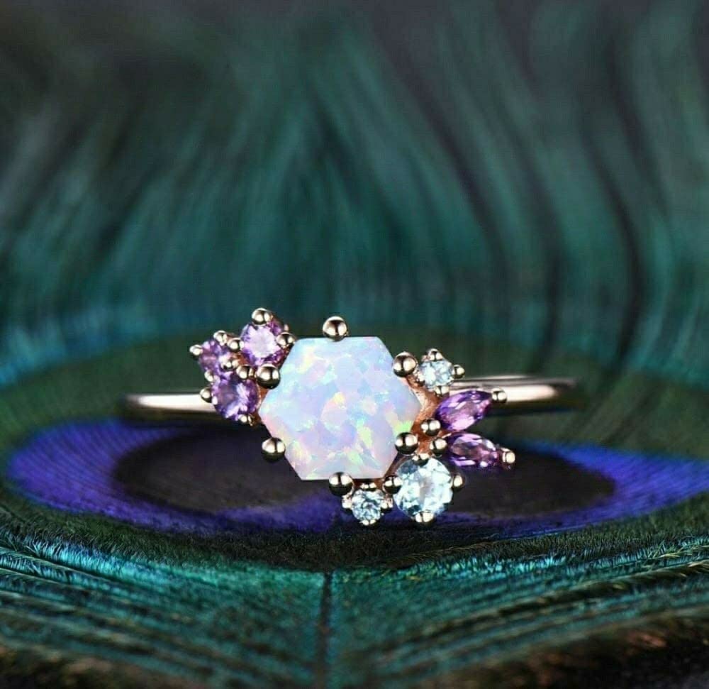 Vintage amethyst opal engagement ring Hexagon cut opal ring 14k white gold ring cluster topaz ring women art deco unique bridal ring gift (WHITE GOLD, 5)