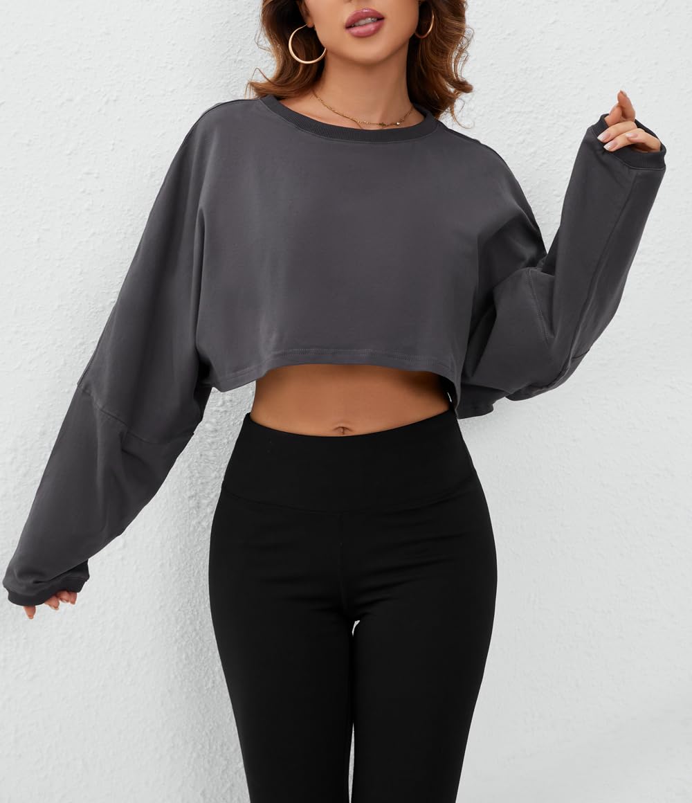Meladyan Women Long Sleeve Crewneck Crop Top Tee Shirt Sweatshirt Casual Solid Loose Fit Workout Cropped Pullover Tshirt Dark Grey