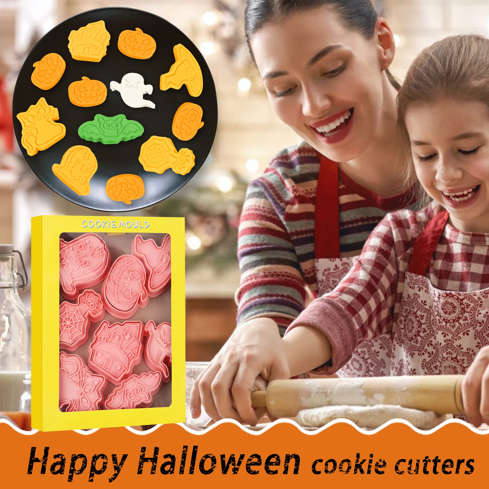 Tuxxzis 8 Pcs Halloween Cookie Cutters Set, 3D Pumpkin, Spooky Cat, Spider, Bat, Witch Hat, Ghost, Tombstone, Horror Castle Cookie Cutters for Party Baking Decoration