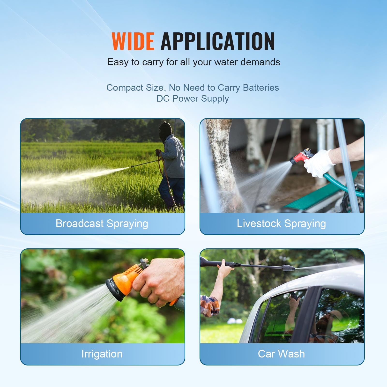 VEVOR Water Diaphragm Pump, 12V DC, 5.5 GPM Flow, 70 PSI Rated Pressure (40-100 PSI Adjustable), 1/2" MNPT Self Priming Sprayer Pump with Pressure Switch for Car Washing, Agricultural Irrigation
