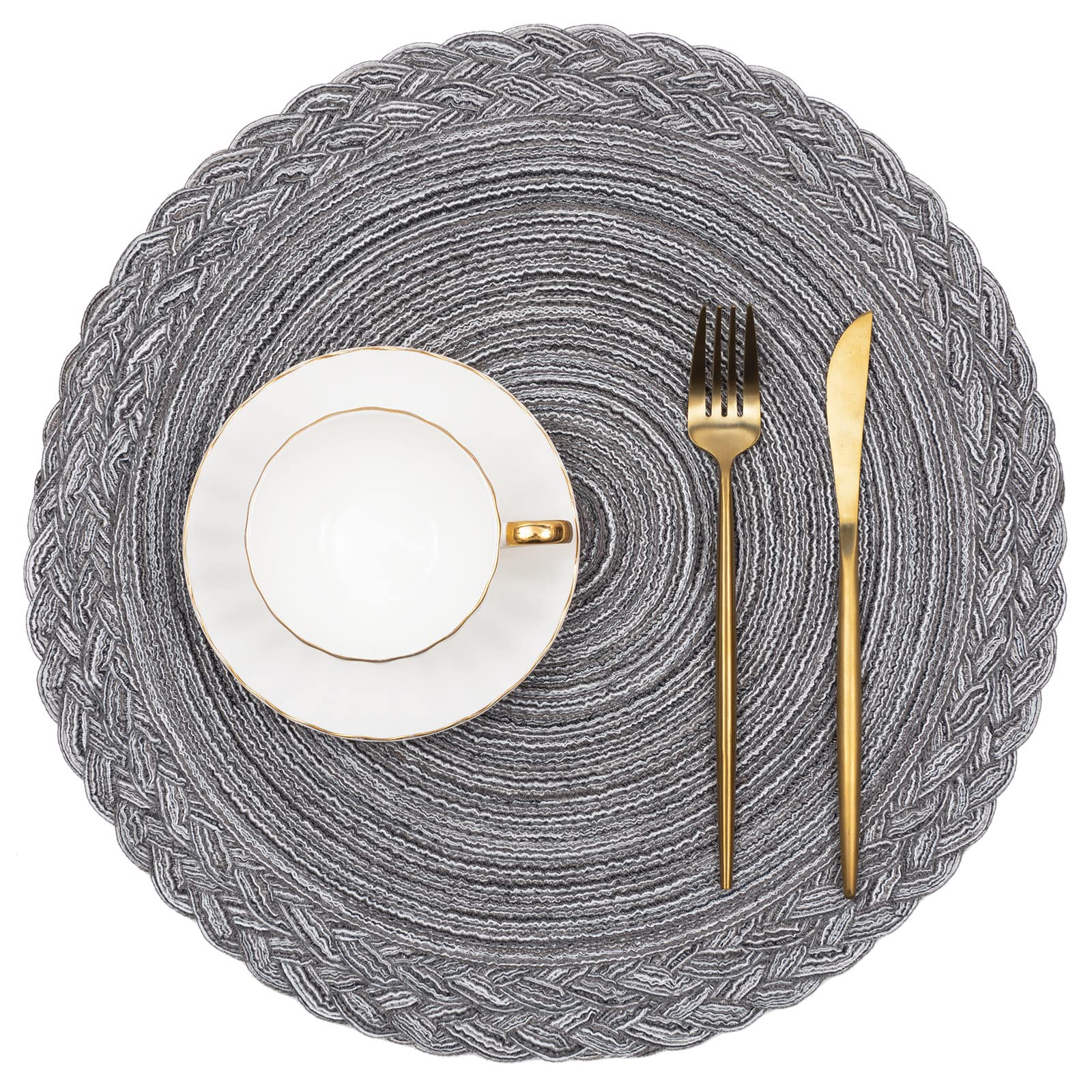SHACOS Round Placemats Set of 6 Woven Round Table Mats 15 inch Braided Border Washable Cotton Polyester Circle Place Mats, Gray