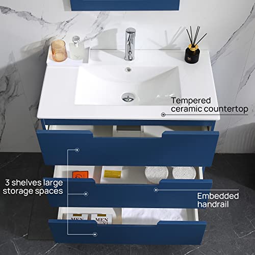 walsport 32" Bathroom Vanity and Sink Combo Modern Navy Cabinet White Basin Vessel Sink Faucet Combo Set with Water Barrier Floor Mount