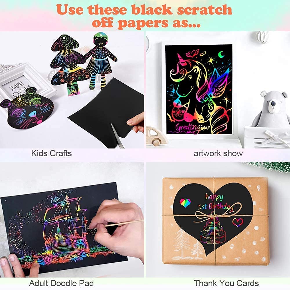 Mocoosy 60 Pcs Scratch Art Paper for Kids, Rainbow Magic Scratch Off Paper Set Art Craft Kit Black Scratch Paper Sheets with 4 Stencils 5 Wooden Stylus for Birthday Party Favors Game Activities