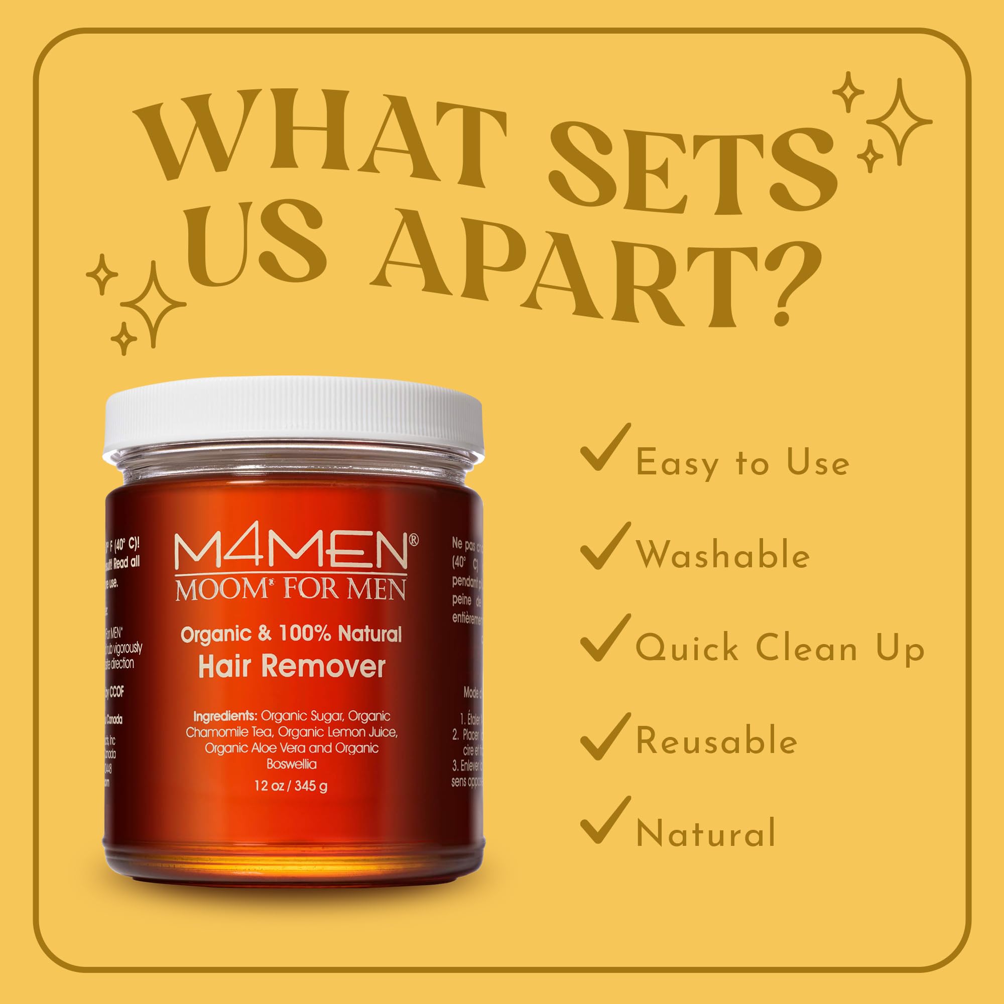 MOOM Organic Hair Removal Sugar Wax for Men with Aloe Vera & Chamomile – Soft Wax for Sensitive Skin & Men Hair - Perfect for Back, Chest, Eyebrow & Body - 12 oz Jar (Waxing Strips NOT Included)
