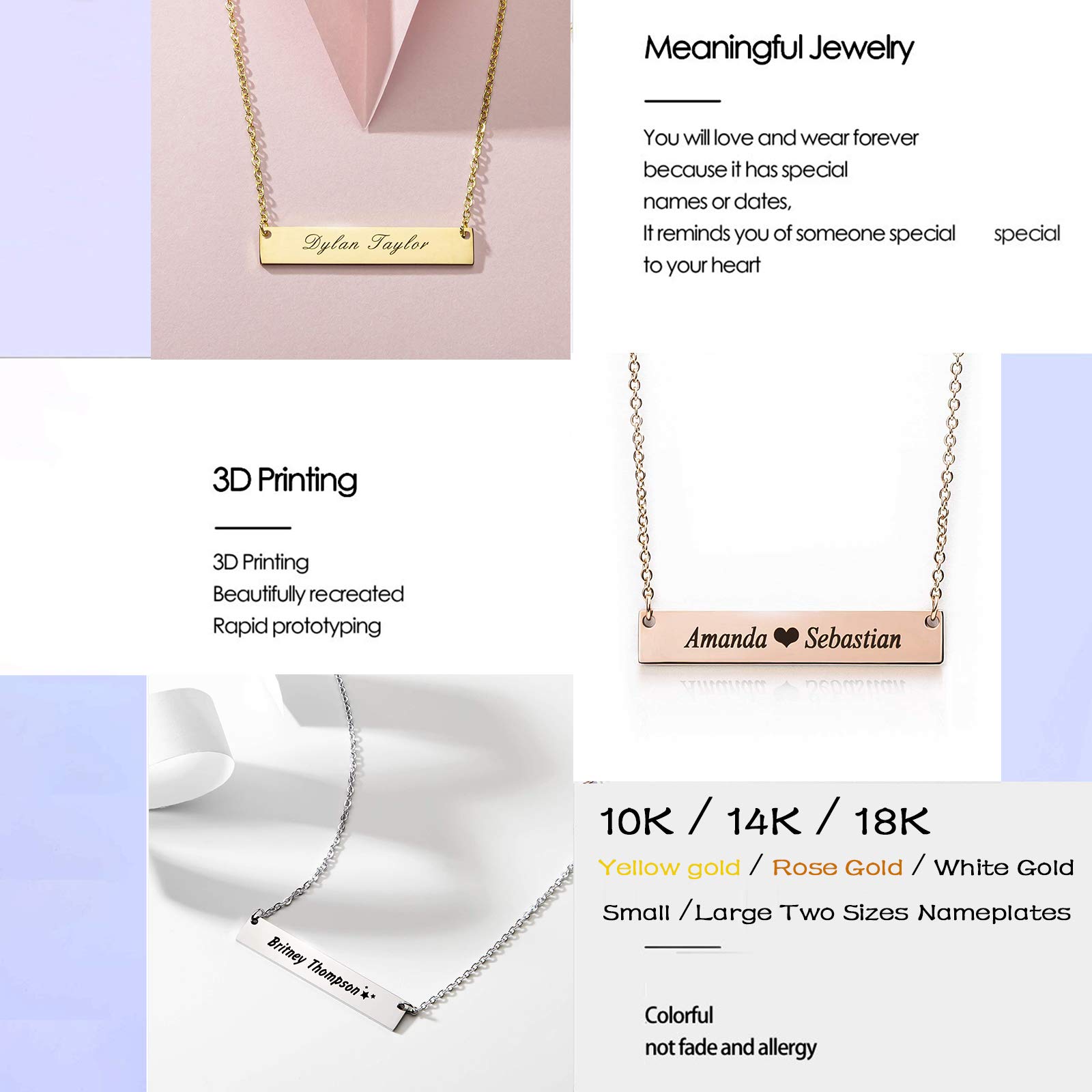 MRENITE 10k 14k 18k Solid Yellow Gold Personalized Horizontal Bar Necklace β Engravable Blessings Letters Nameplate Bar Pendant - Custom Any Name Gift for Women (Slim Bar)