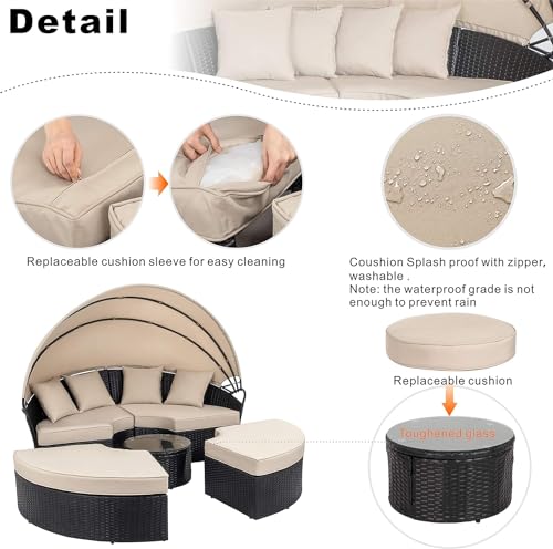 Walsunny Patio Furniture Round Daybed with Retractable Canopy, Outdoor Wicker Rattan Sectional Sofa Set,Seating Separates Cushioned Seats for Patio Lawn Backyard Pool