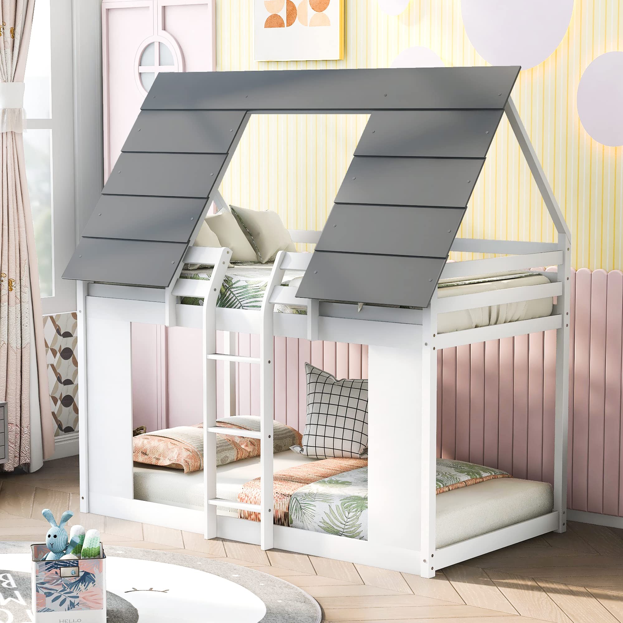 LZ LEISURE ZONE Twin Loft Bed, Low Loft Bed Twin Size, Wood Twin House Bunk Bed with Roof and Built-in Ladder, No Box Spring Needed, White+Gray