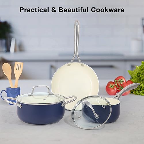 M MELENTA Pots and Pans Set, 7 Piece Nonstick Ceramic Cookware Set, Non Toxic Induction Pots and Pans, Oven Safe Handle & Bamboo Kitchen Utensils, Dishwasher Safe, 100% PFOA Free, Blue