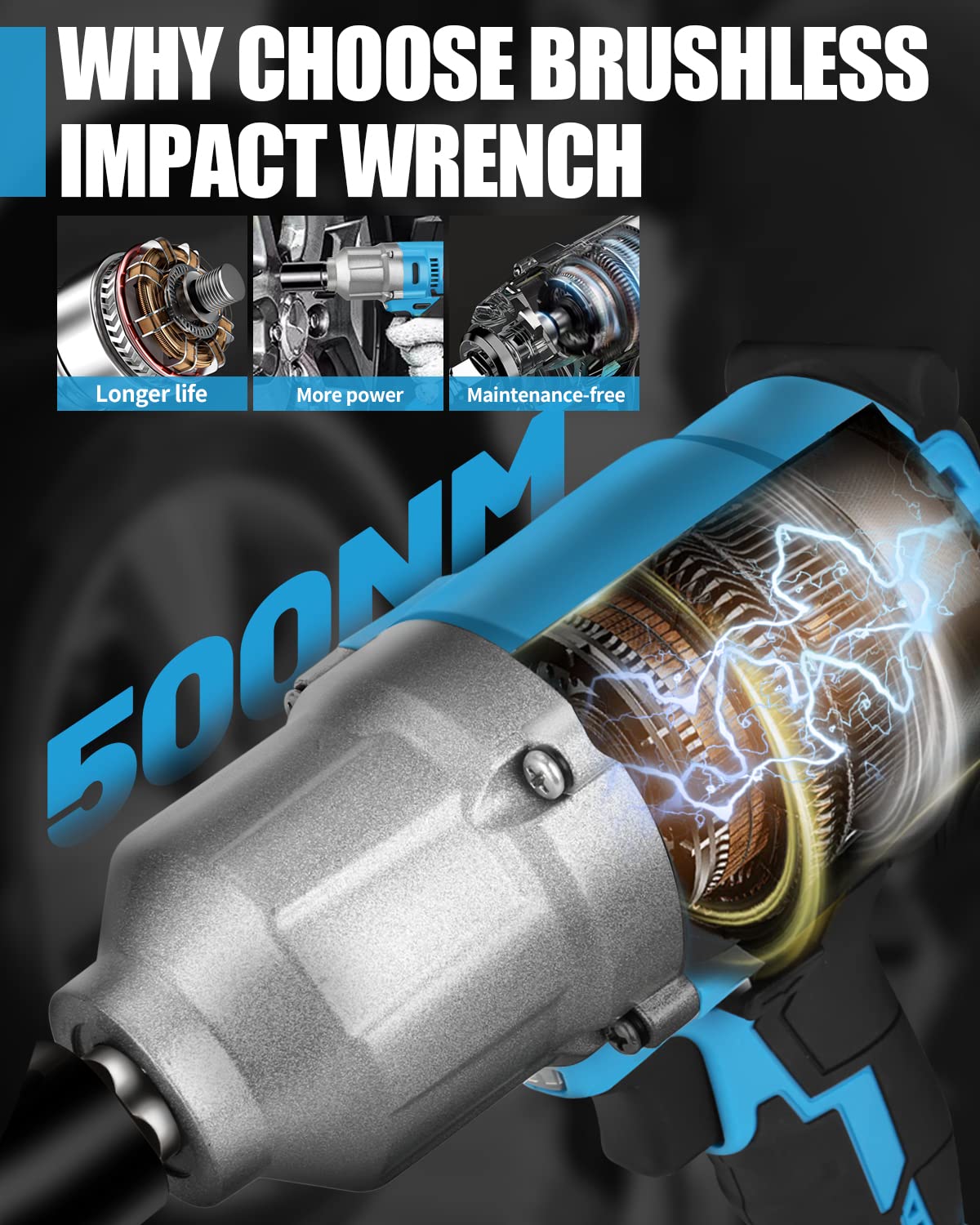 VICRING 20V Cordless Impact Wrench 1/2 Inch Impact Gun Brushless High Torque Power Impact Wrench Electric Lug Nuts Impact Driver With 4.0Ah Battery Fast Charger and 4 Sockets