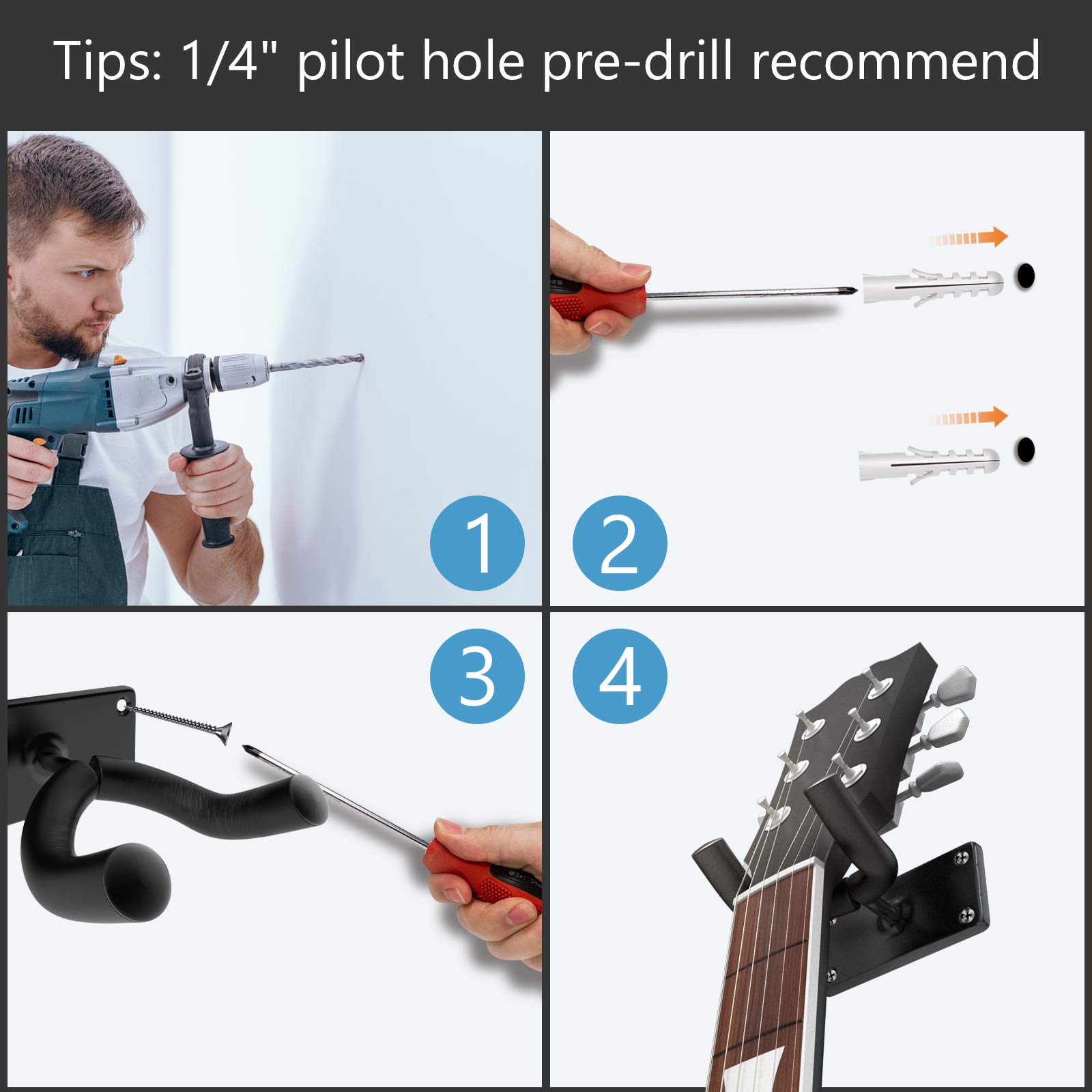 N - A 2-Pack Guitar Wall Hanger,Metal Guitar Hook,Wall Hook Holder Standfor All Size Guitars Bass Mandolin Banjo Ukulele Acoustic and Electric Guitars Classical Guitar and All String Instruments