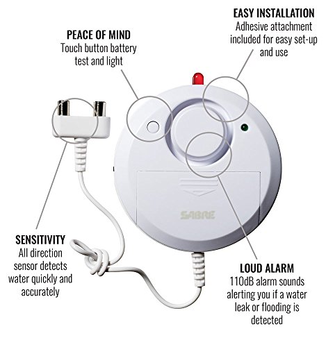 SABRE Water Leakage Alarm, 110 dB Alarm, Audible Up To 1,500-Feet (457-Meters), All Direction Water Sensor, High and Low Volume Settings, Battery Test Button