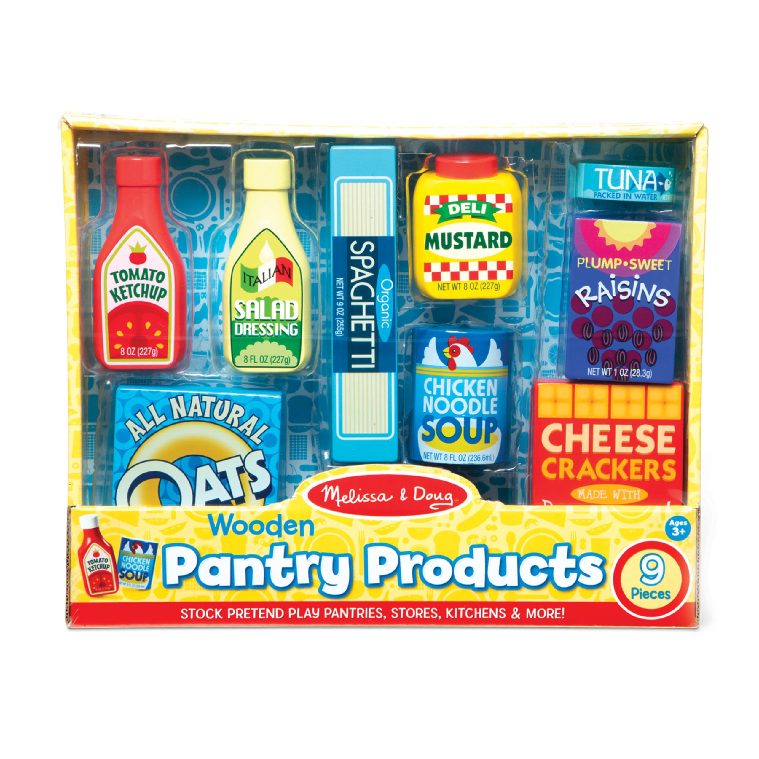 Melissa & Doug Wooden Pantry Products Play Food Set (9 pcs) - Pretend Play Kitchen Accessories, Wooden Play Grocery Sets For Kids Ages 3+