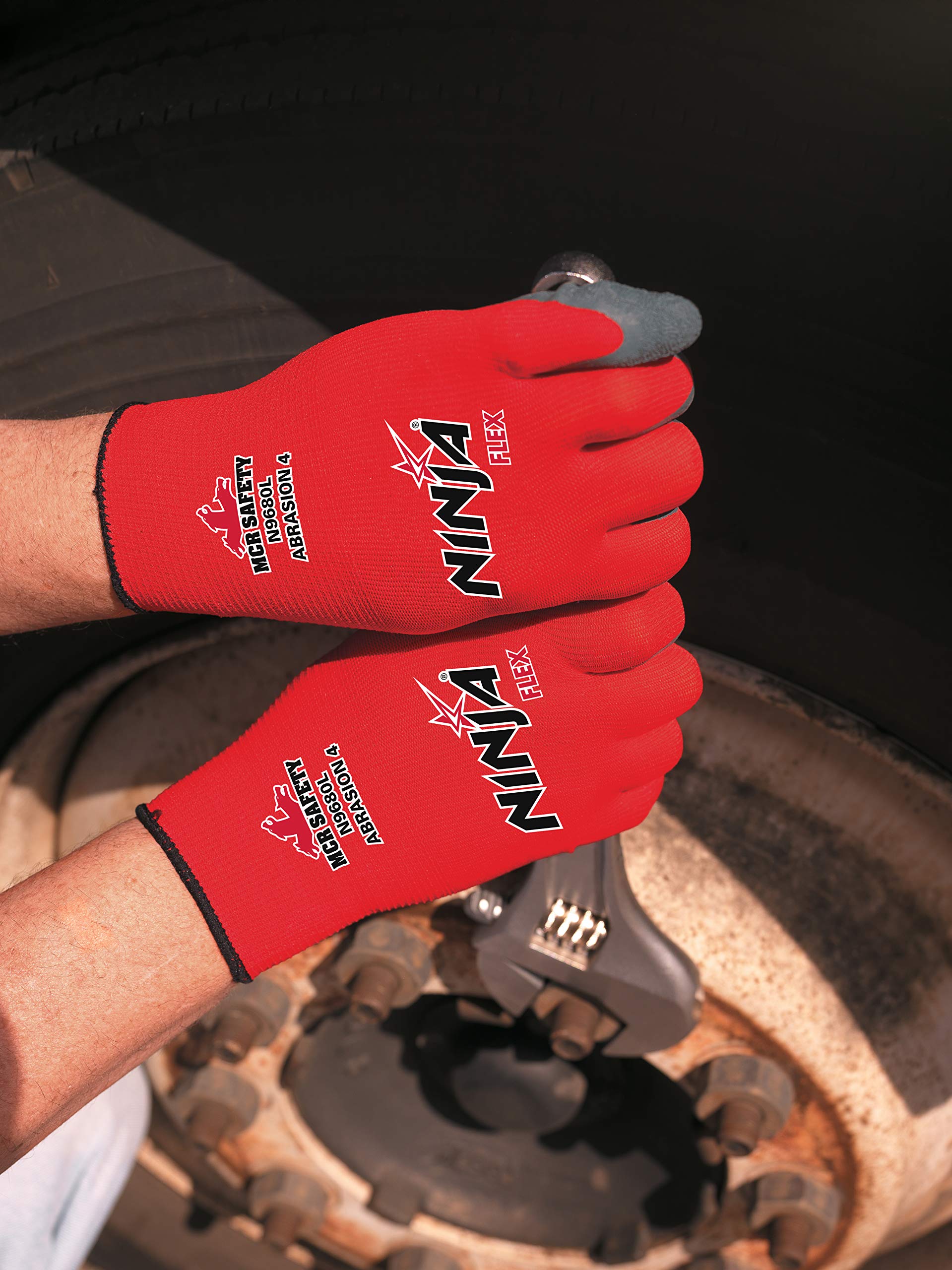 Memphis Gloves MCR Safety Large Ninja Flex 15 Gauge Gray Latex Palm And Fingertips Coated Work Gloves With Red Nylon Liner And Knit Wrist, Gray/Red (N9680L)