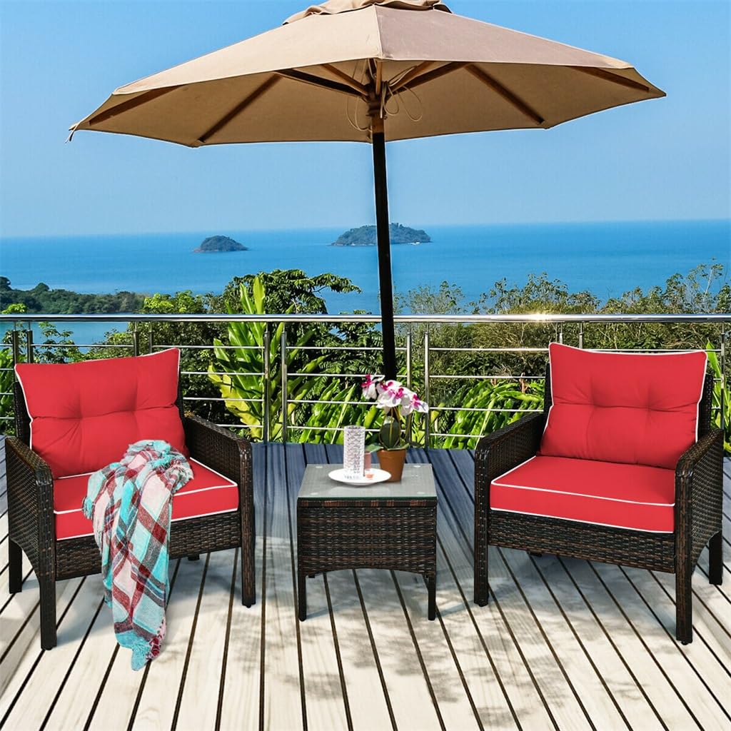 LIUJUN 3PCS Outdoor Rattan Conversation Set Patio Furniture Cushioned Sofa Chair Red